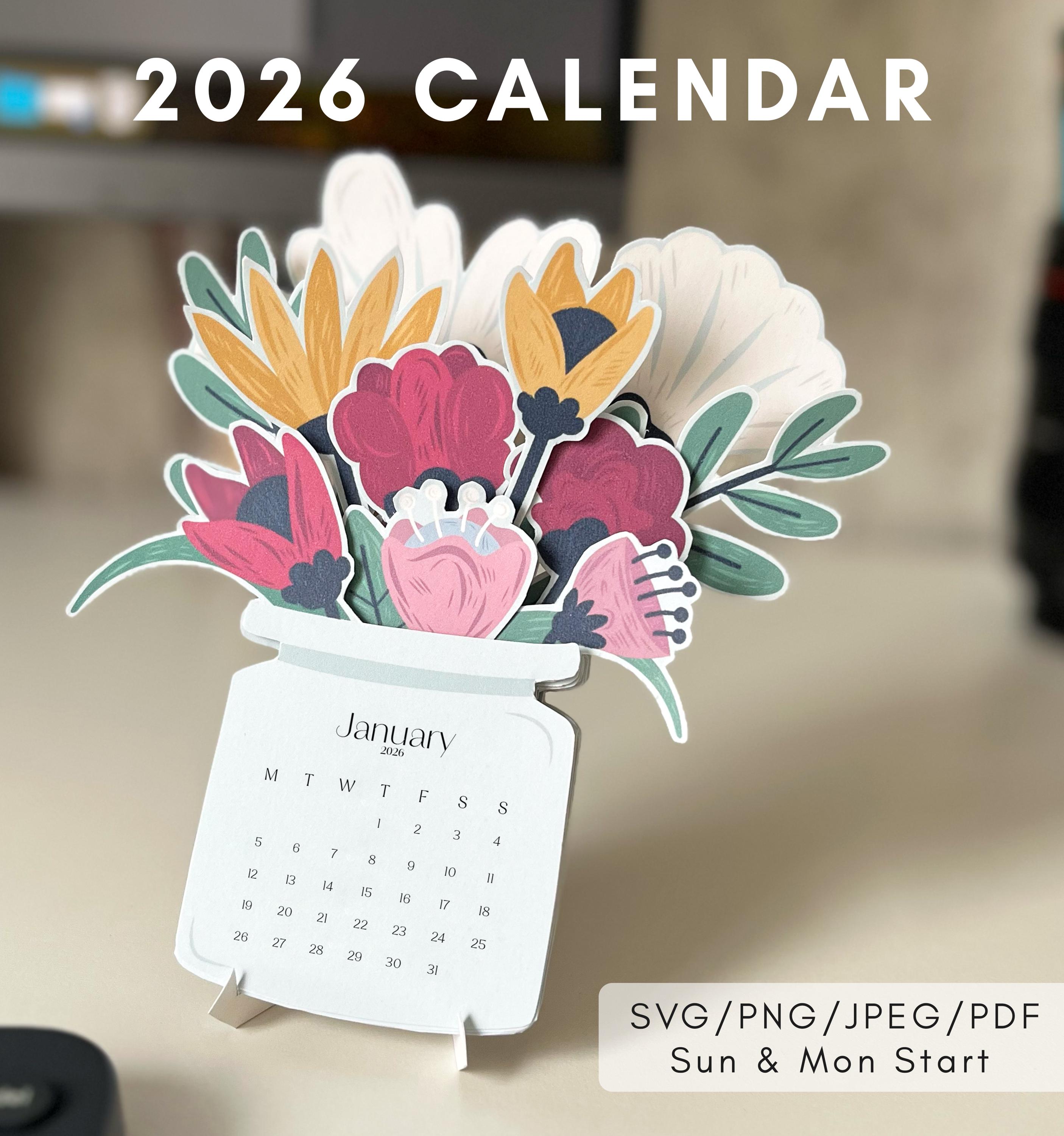 2026 Flower Desk Calendar PNG Floral Desktop Calendar Gift SVG for ...
