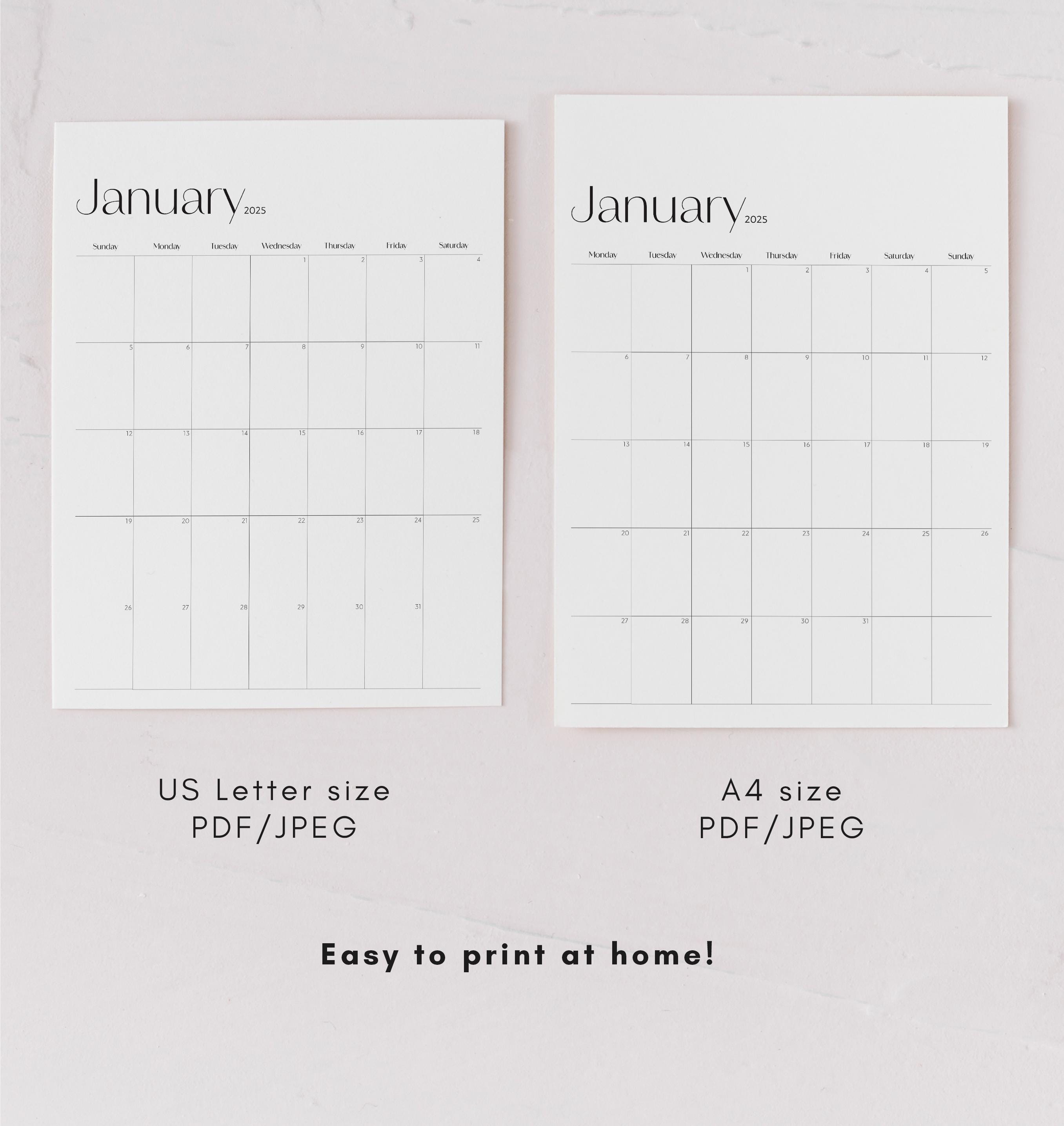 Printable 2025 Calendar Monthly Simple Calendar A4 US Letter Minimal ...