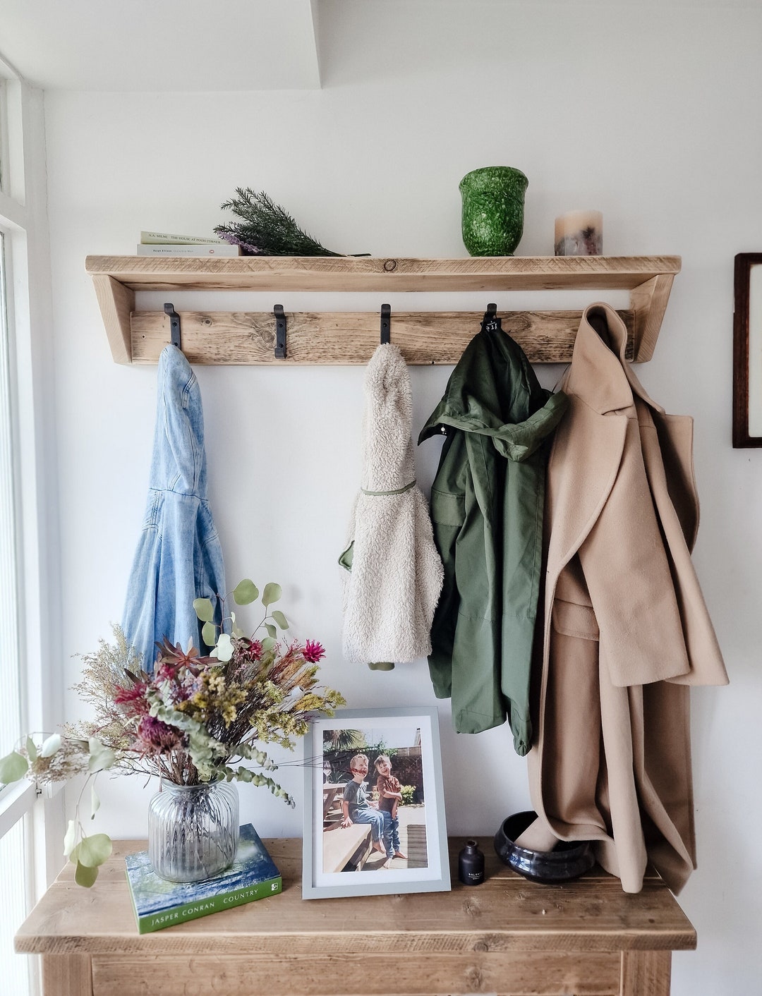 Rustic Reclaimed Wood Coat Rack With Storage Shelf and Handmade Steel ...