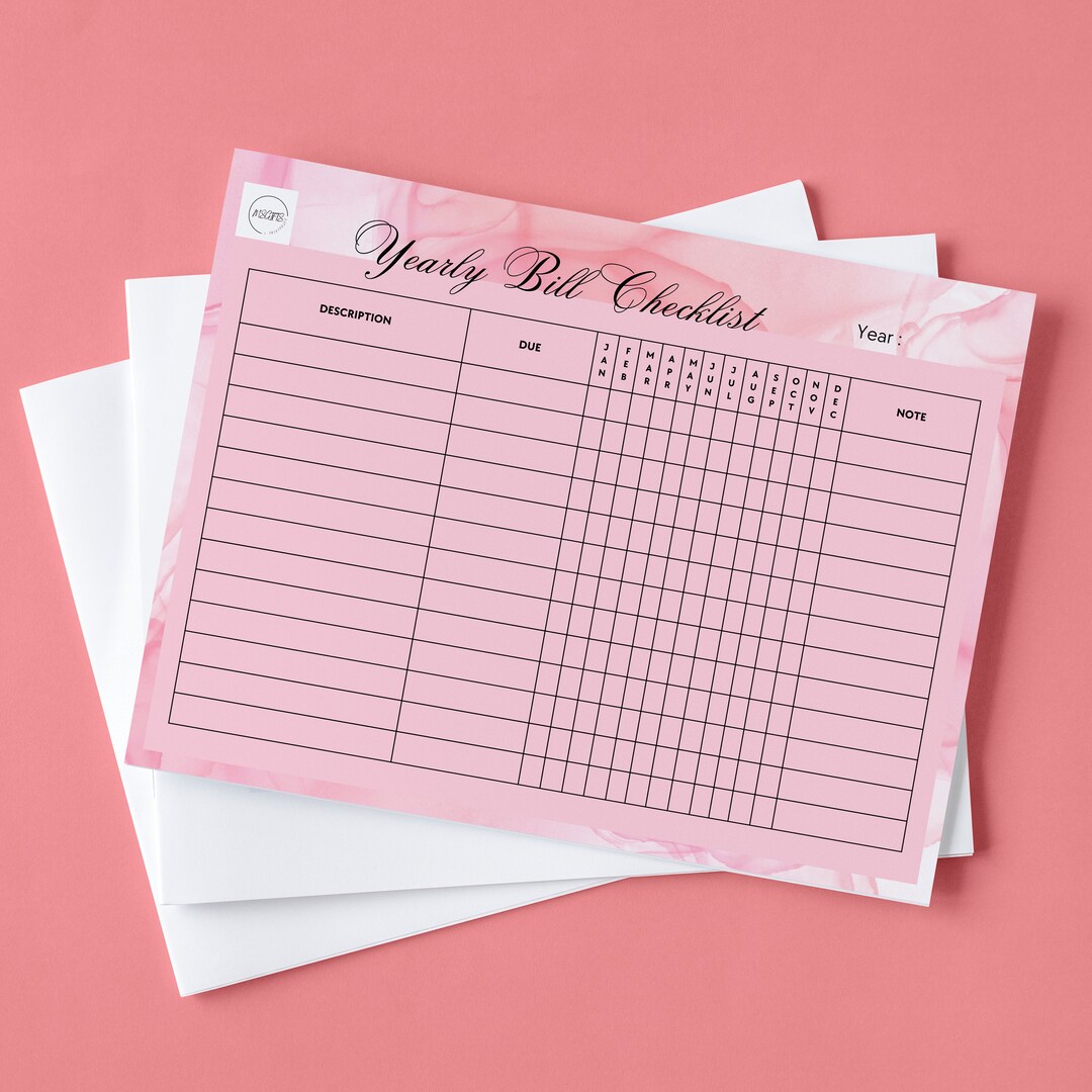 Pink Yearly Bill Checklist Planner Page - Etsy