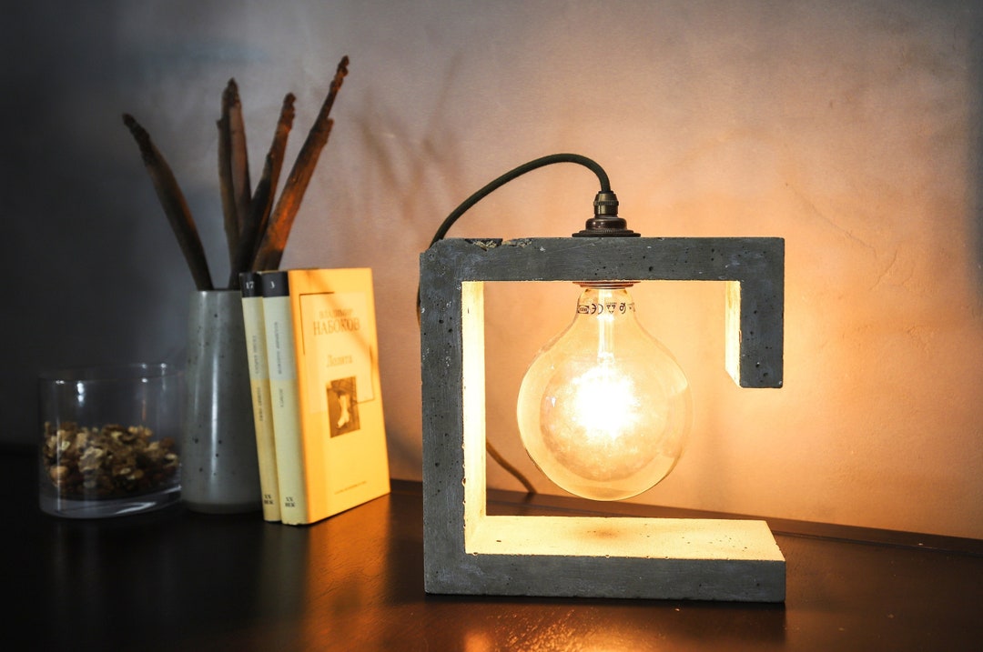 Unique Desk Lamp, Industrial Exposed Bulb Table Lamp, Modern Concrete ...
