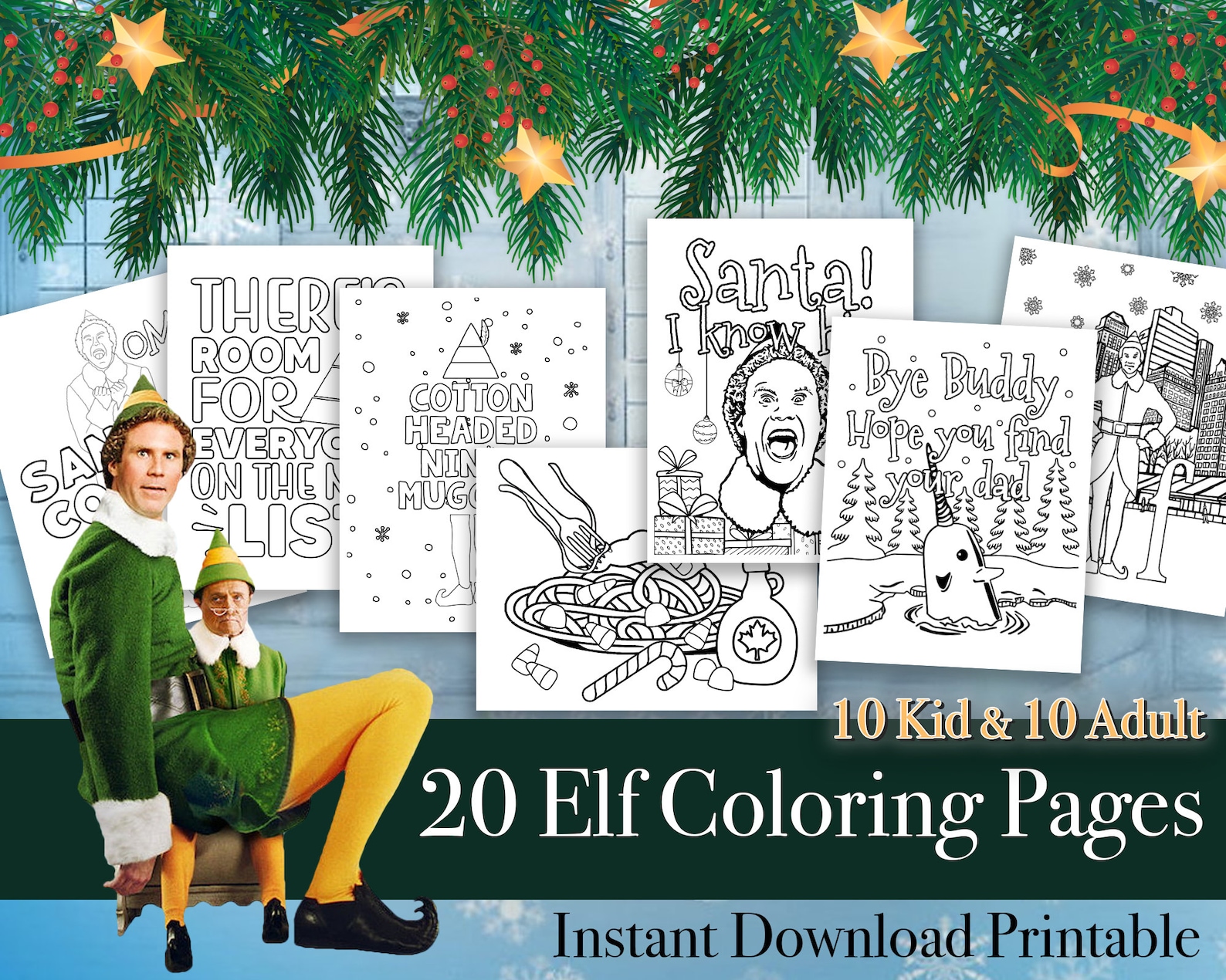 Elf Christmas Coloring Pages Printable Elf Coloring Page Bundle, Buddy ...