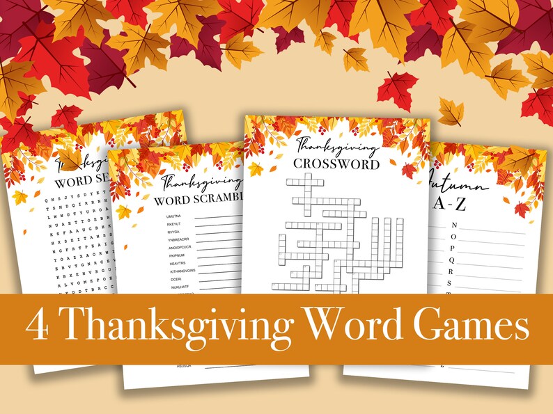 4 Festive Thanksgiving Word Games, Crossword Puzzle, Word Scramble, 2 ...