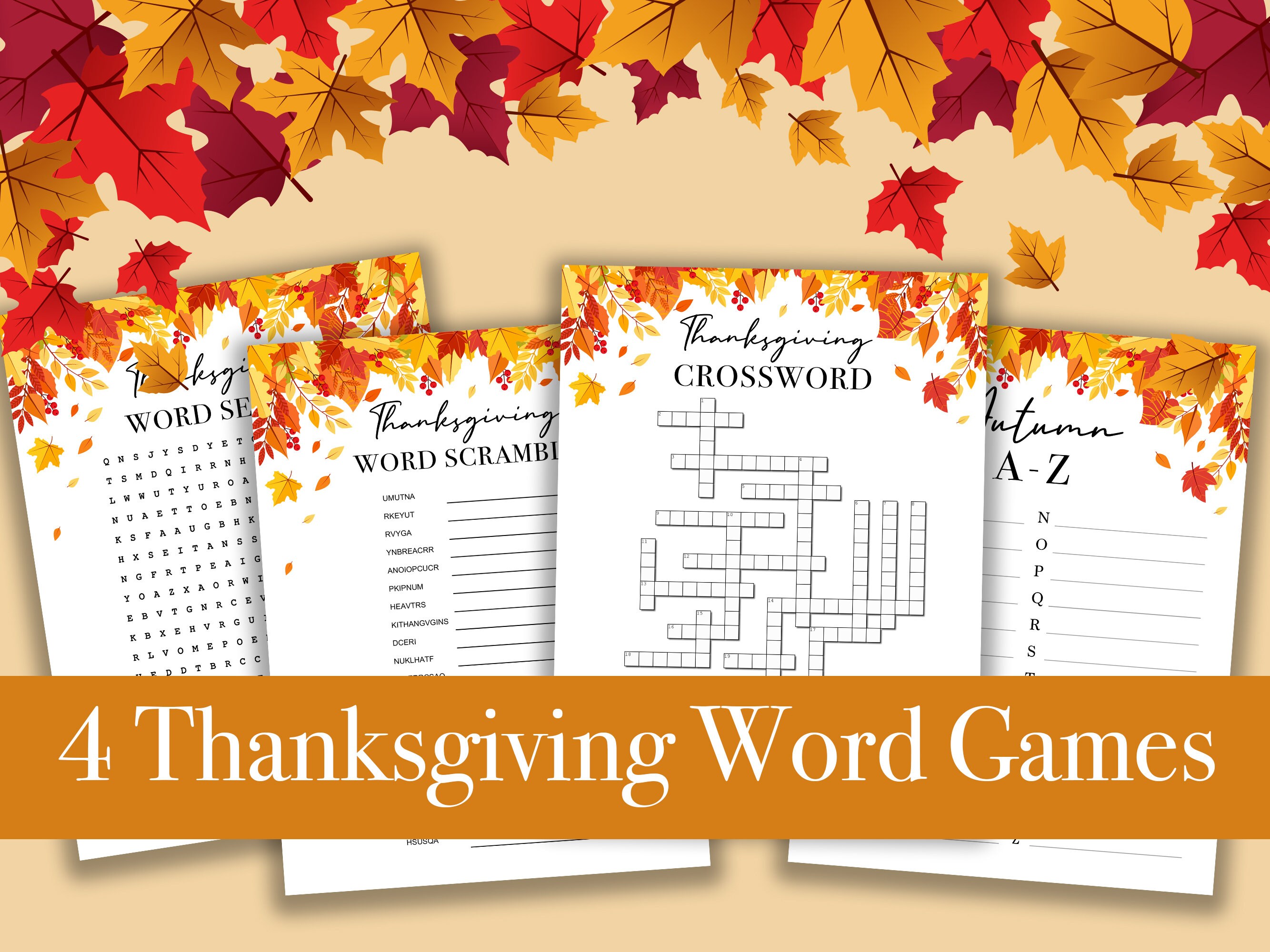 4 Festive Thanksgiving Word Games, Crossword Puzzle, Word Scramble, 2 ...