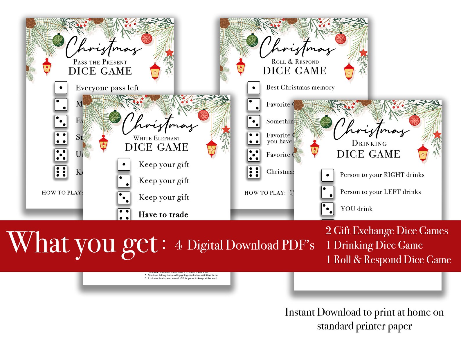 4 Christmas Dice Game Instant Download Printable Christmas Gift ...