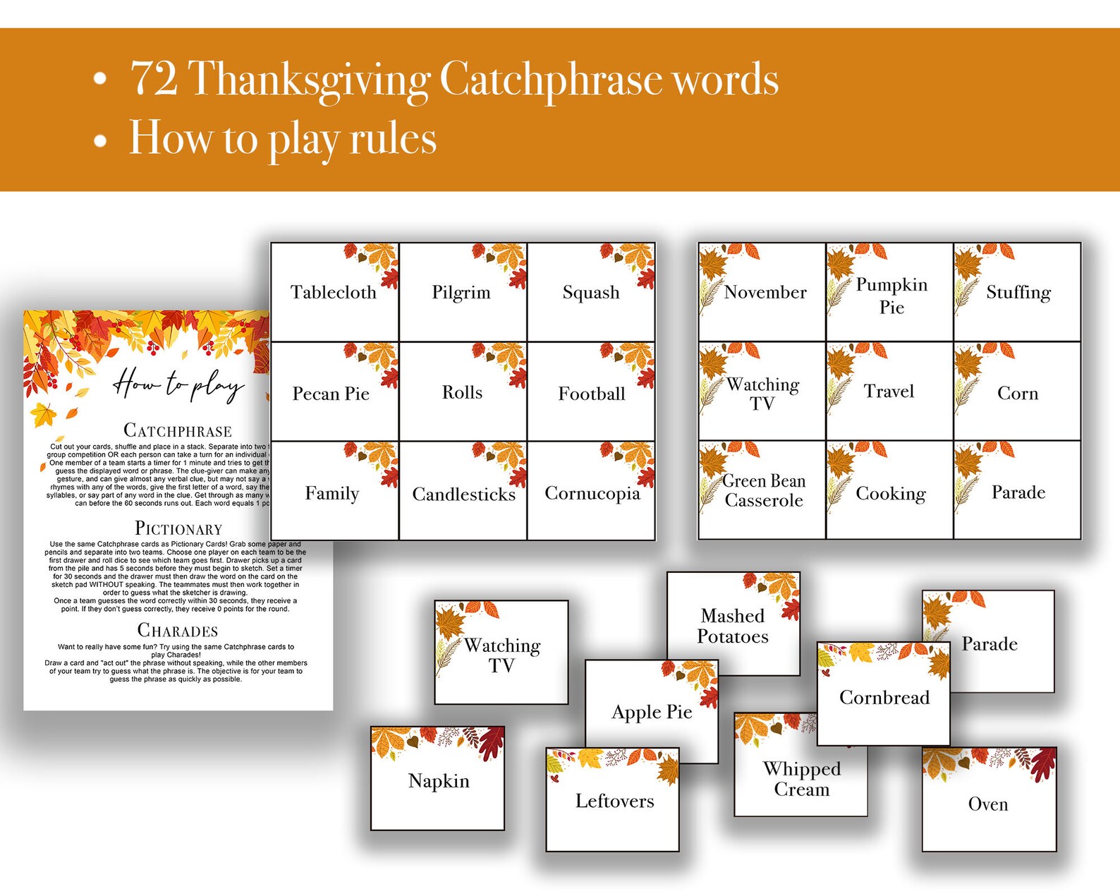 Printable Thanksgiving Charades, Thanksgiving Pictionary, Thanksgiving ...