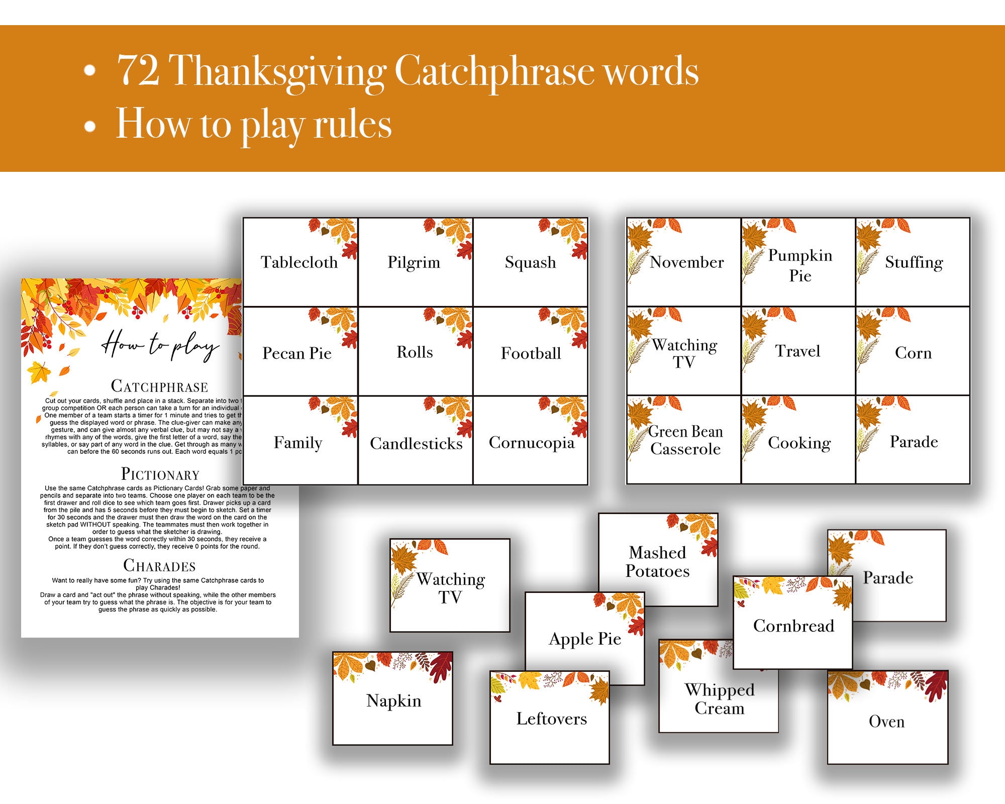 Printable Thanksgiving Charades, Thanksgiving Pictionary, Thanksgiving ...