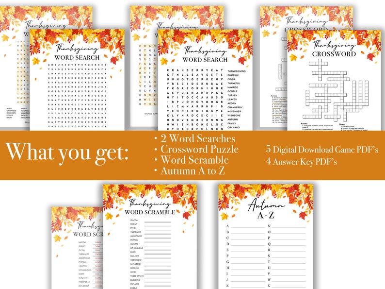 4 Festive Thanksgiving Word Games, Crossword Puzzle, Word Scramble, 2 ...
