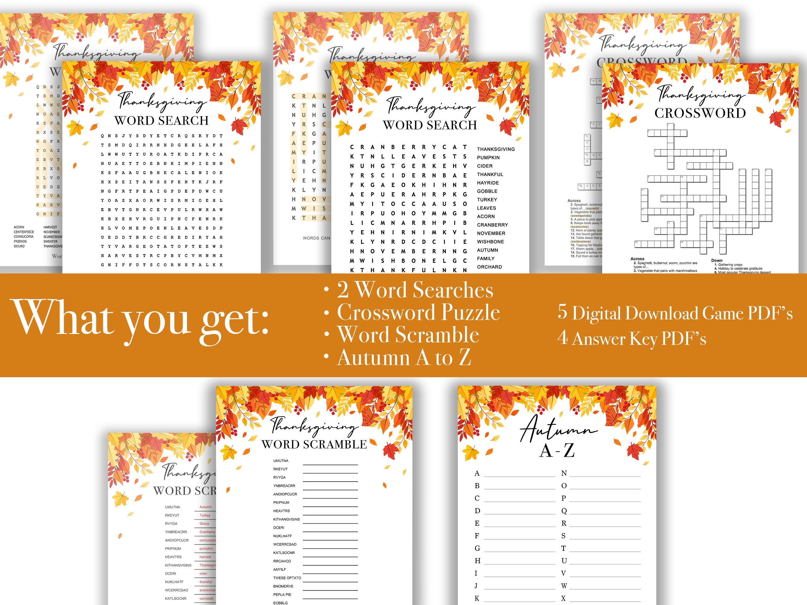 4 Festive Thanksgiving Word Games, Crossword Puzzle, Word Scramble, 2 ...