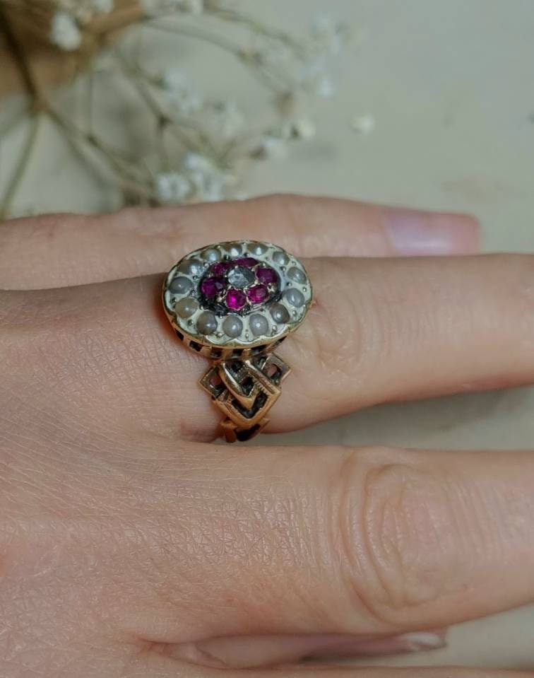 Gergian 18 Century French Antique Rare Enamel Ring Gold 750 Ruby Perls and Diamonds Ros Cut ...