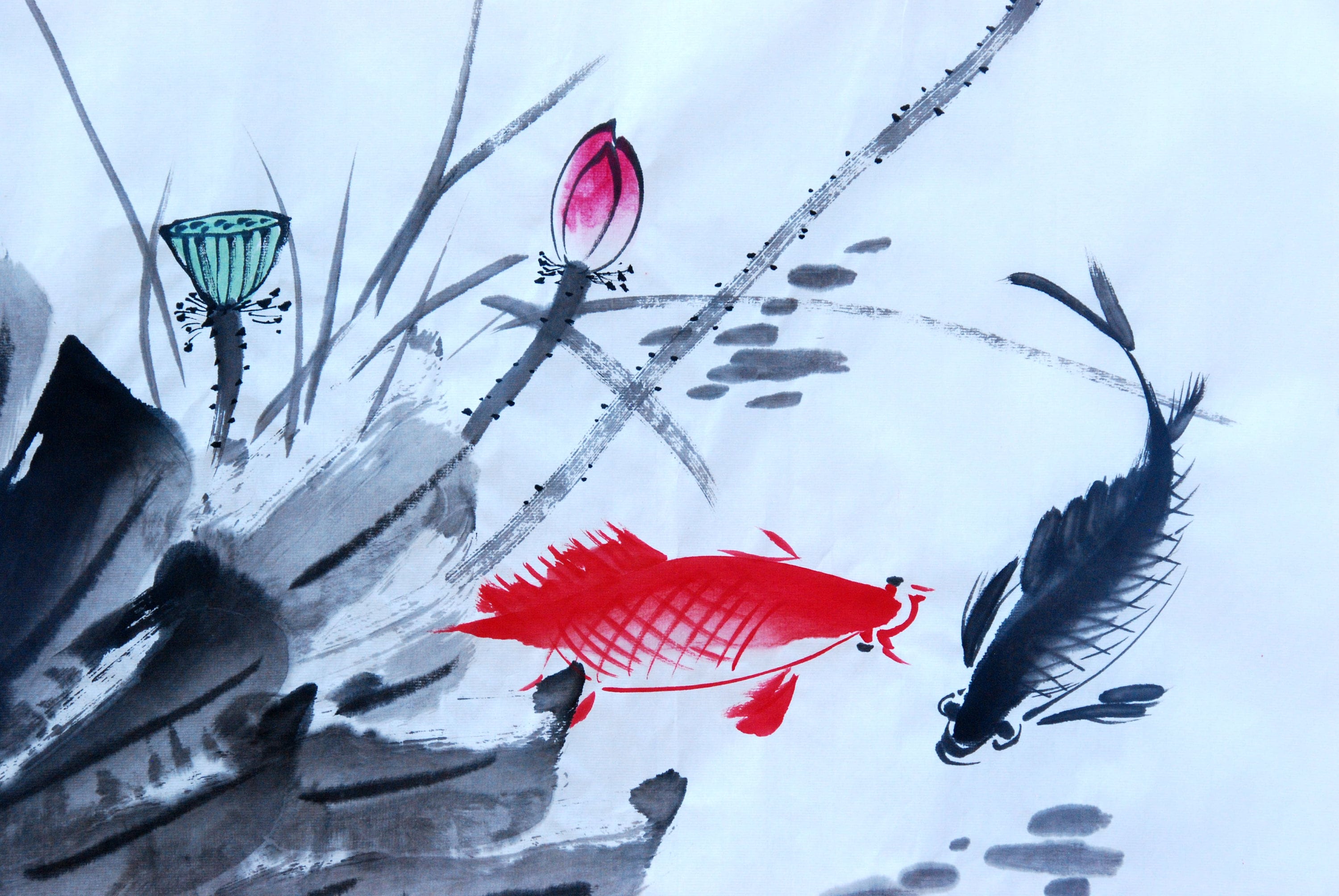 Original Chinese Water Ink Painting of Lotus and Koi Fish on Rice Paper ...