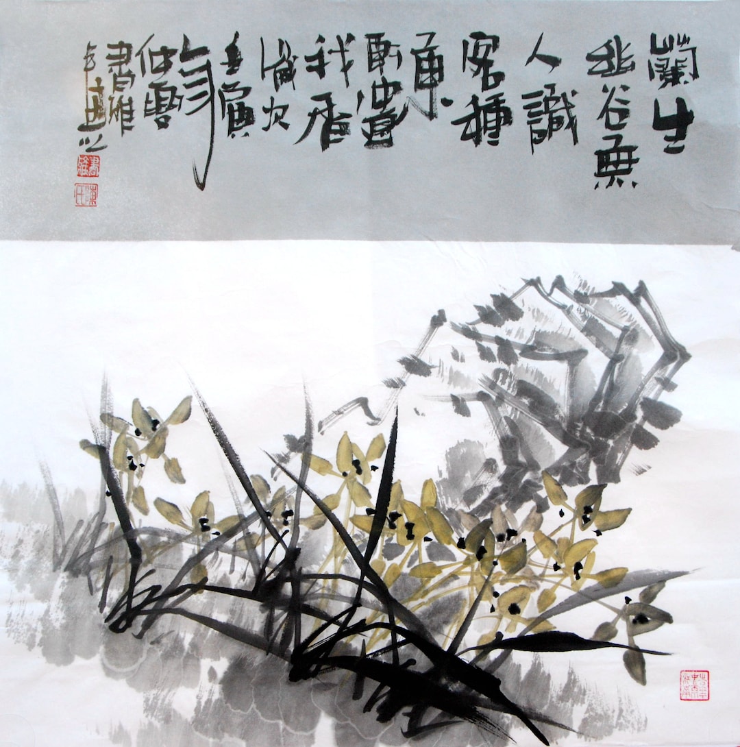 Original Chinese Water Ink Painting of Orchid on Rice Paper, Brush ...