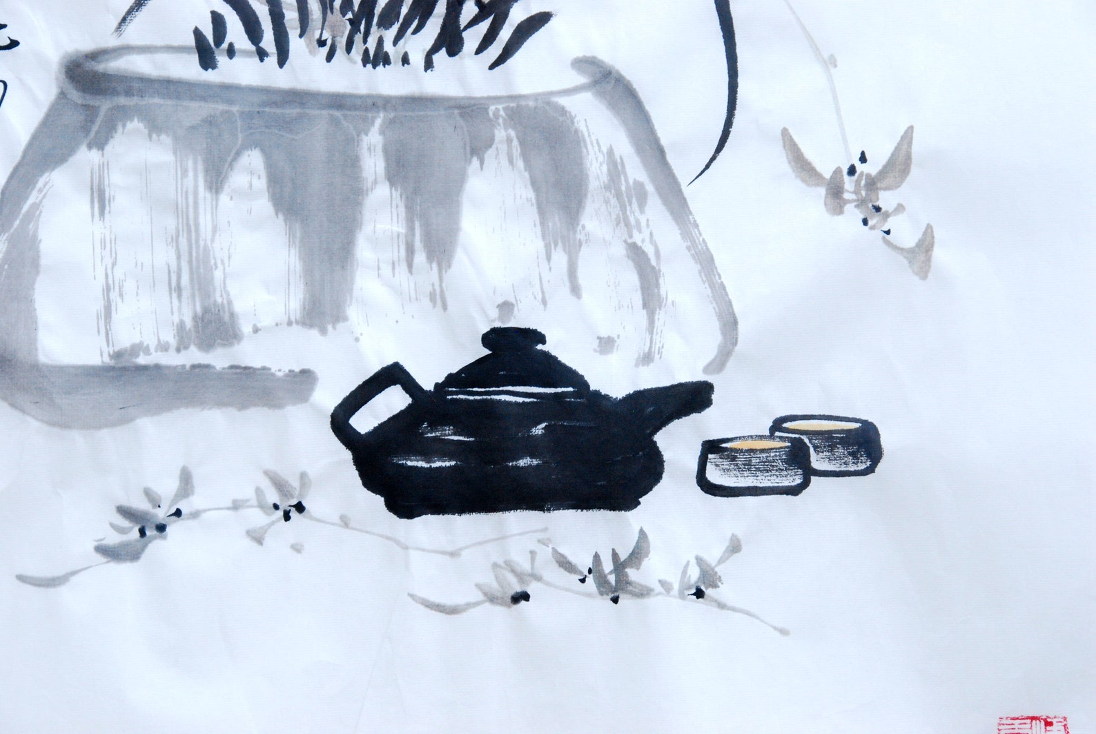 Original Chinese Water Ink Painting of Orchid and Teapot on Rice Paper ...