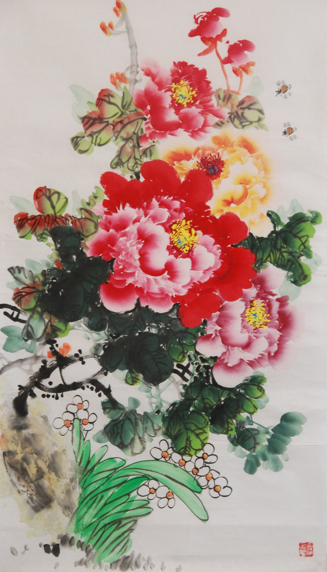 Original Chinese Water Ink Painting of Colorful Peony Flower on Rice ...