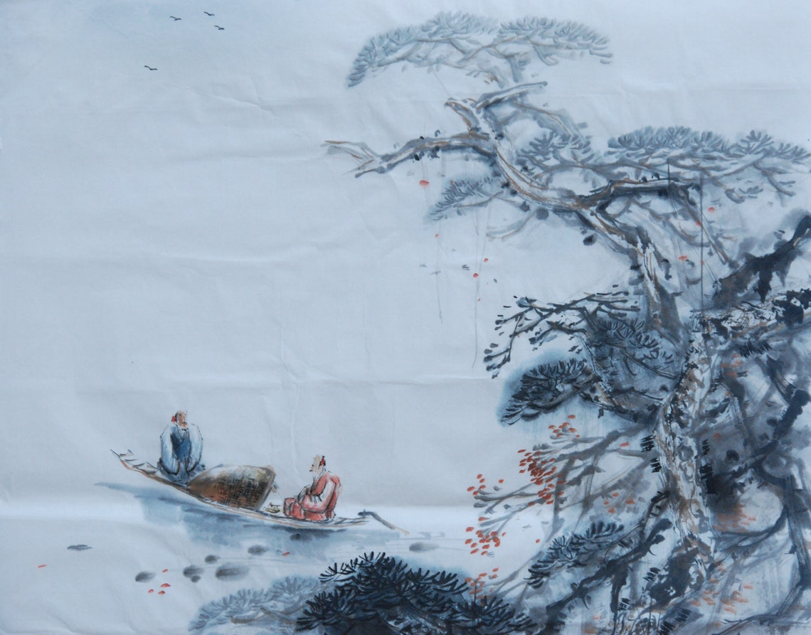 Original Chinese Water Ink Painting of Mountain and Water People in the ...