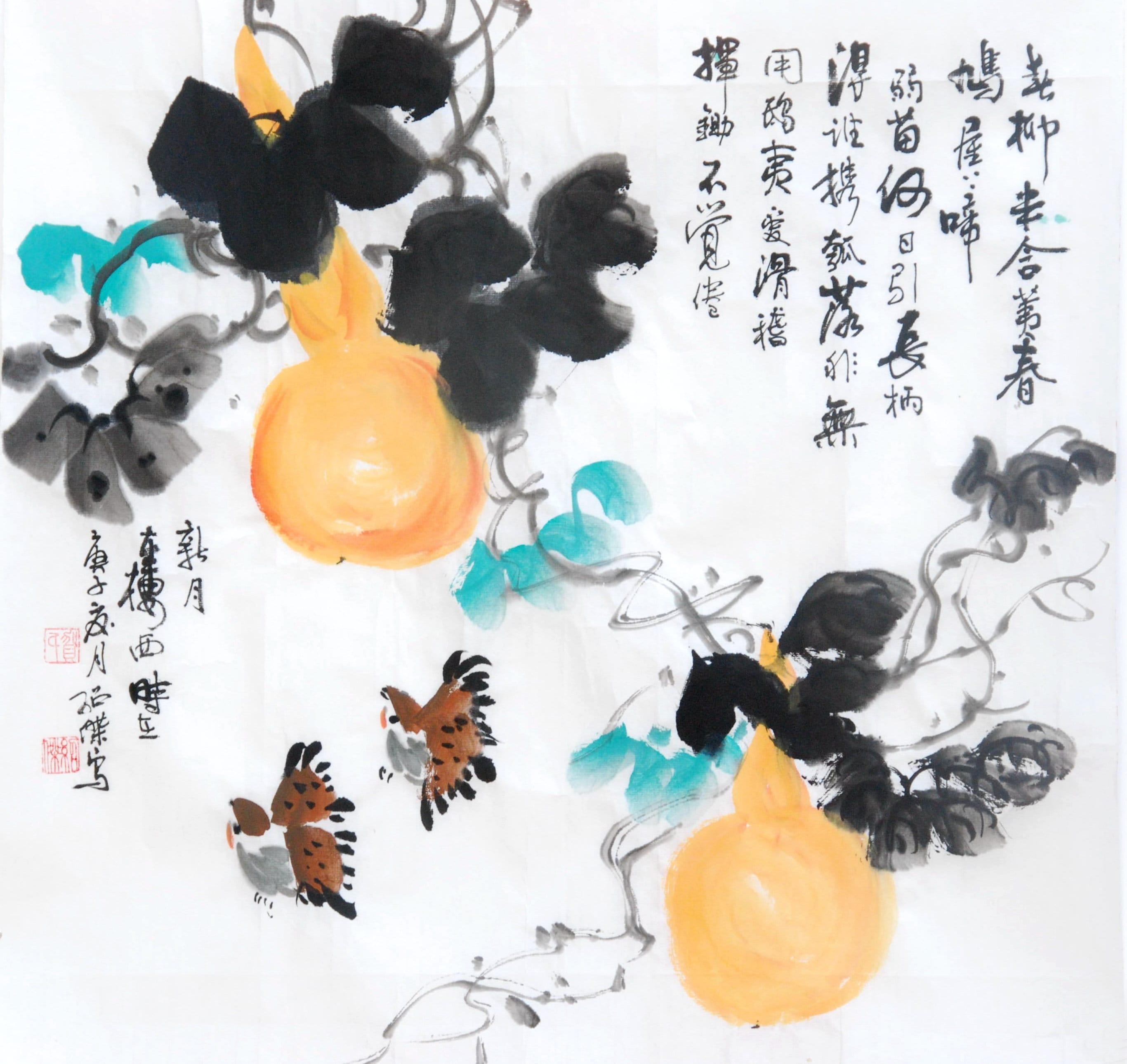 Original Chinese Water Ink Painting of Gourds and Birds on | Etsy