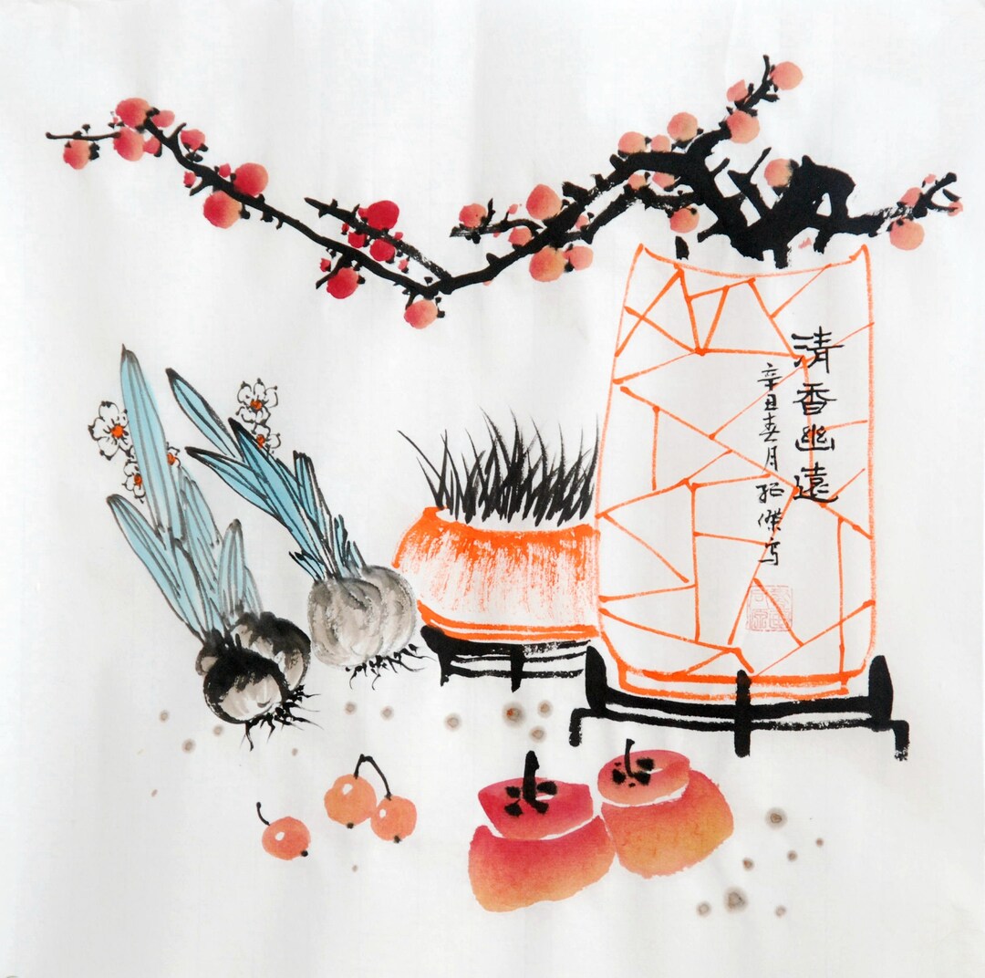 Original Chinese Water Ink Painting of Flowers and Fruits on Rice Paper ...