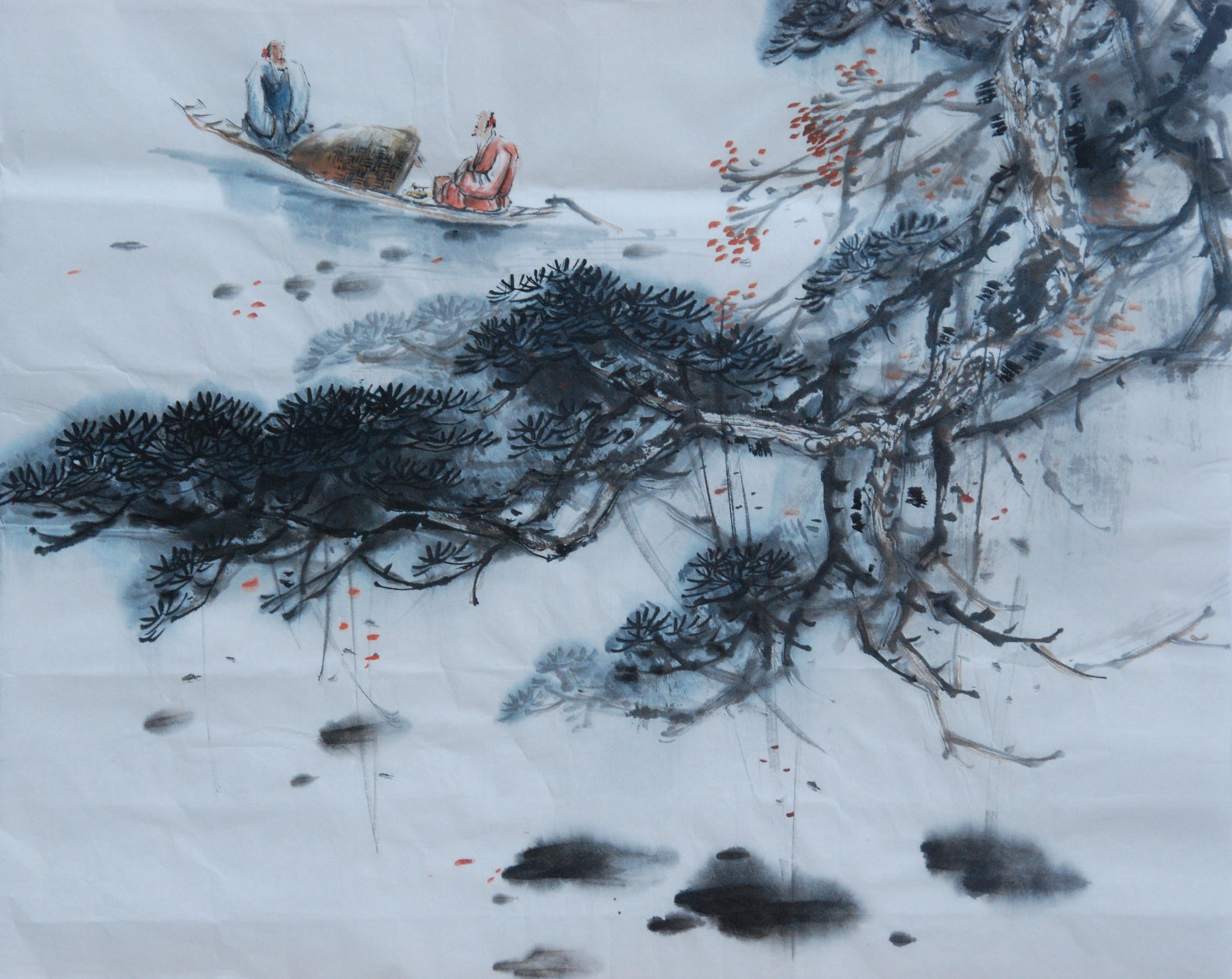 Original Chinese Water Ink Painting of Mountain and Water People in the ...