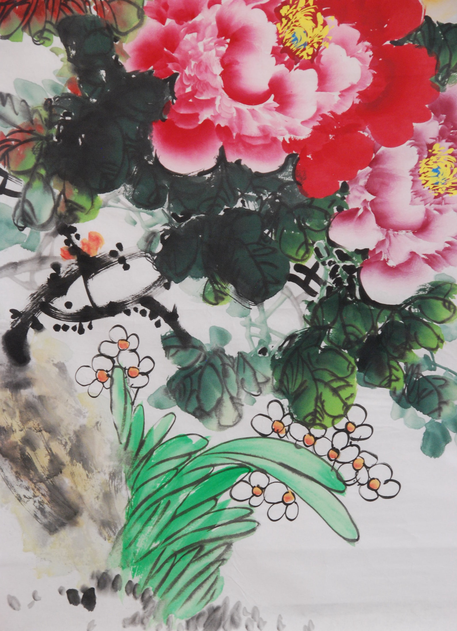 Original Chinese Water Ink Painting of Colorful Peony Flower on Rice ...
