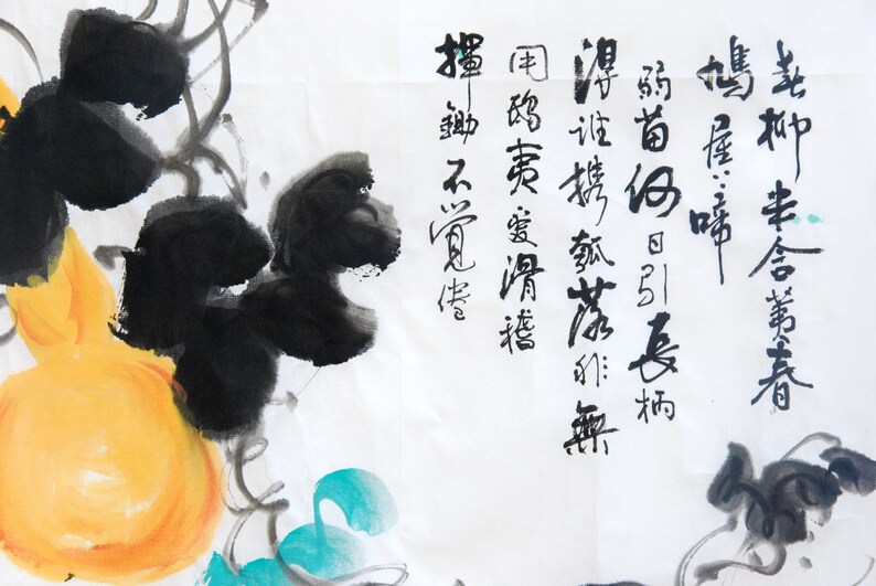Original Chinese Water Ink Painting of Gourds and Birds on Rice Paper ...