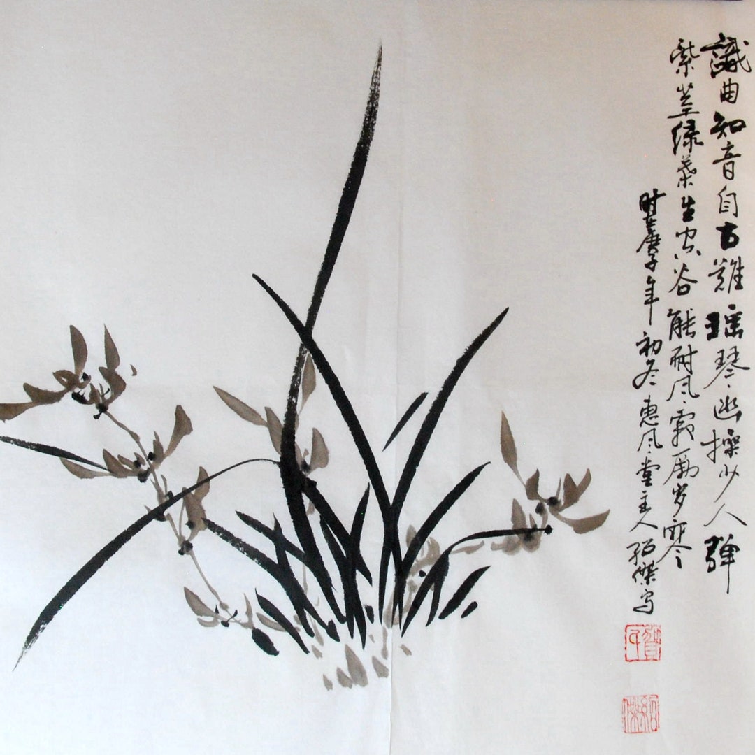 Original Chinese Water Ink Painting of Orchid and Teapot on Rice Paper ...