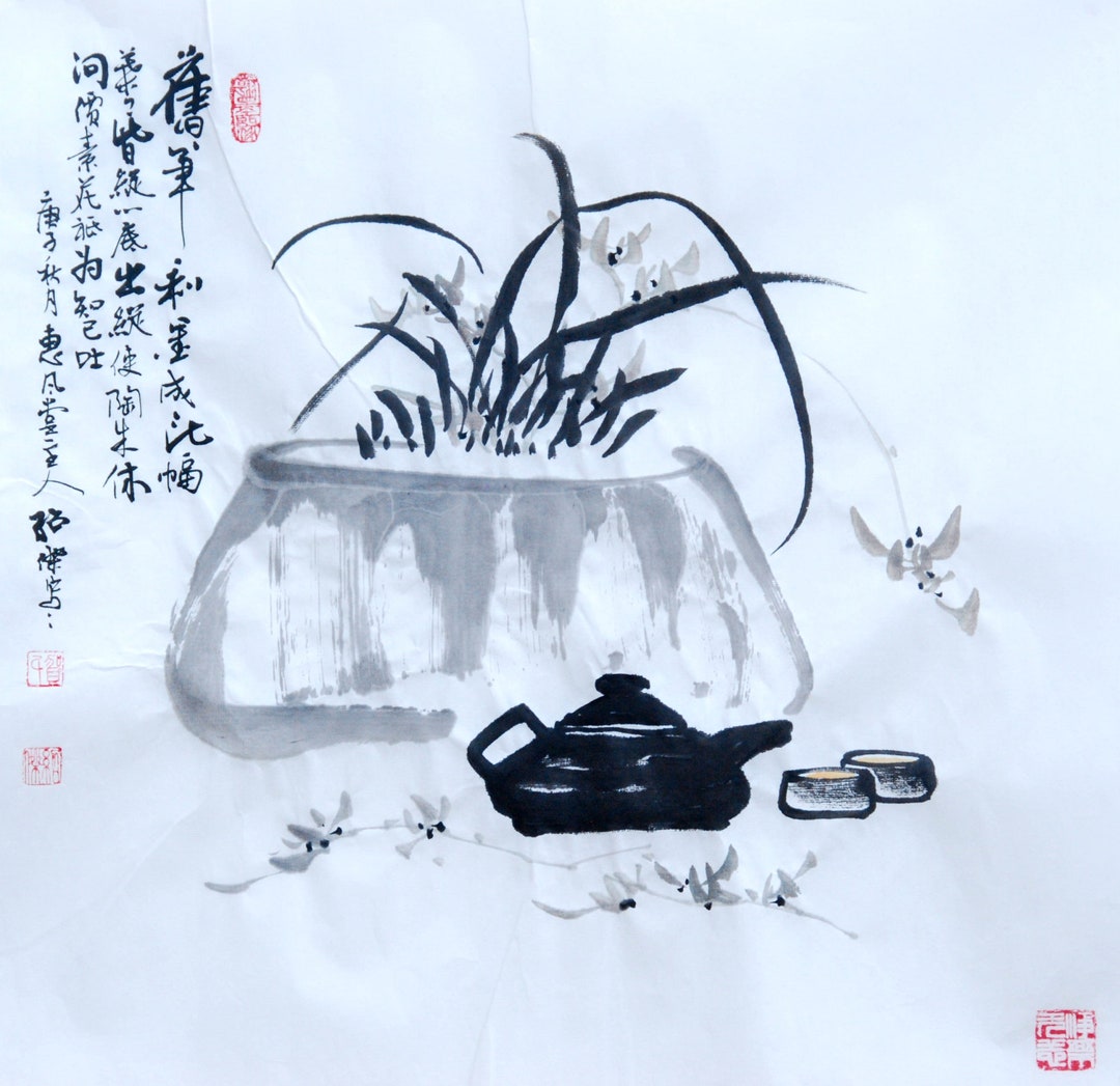 Original Chinese Water Ink Painting of Orchid and Teapot on Rice Paper ...