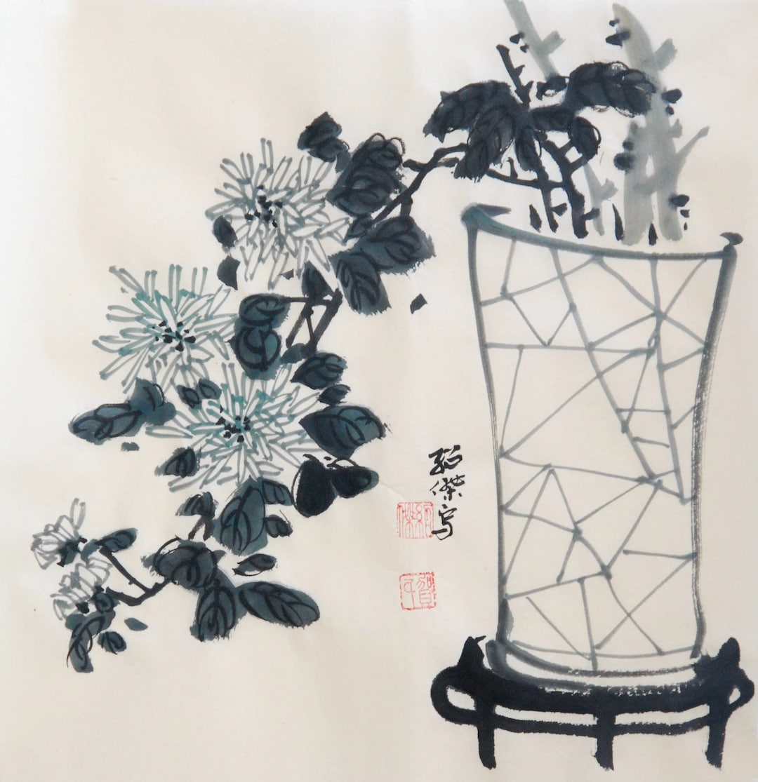 Original Chinese Water Ink Painting of Chrysanthemum Flower in Vase on ...