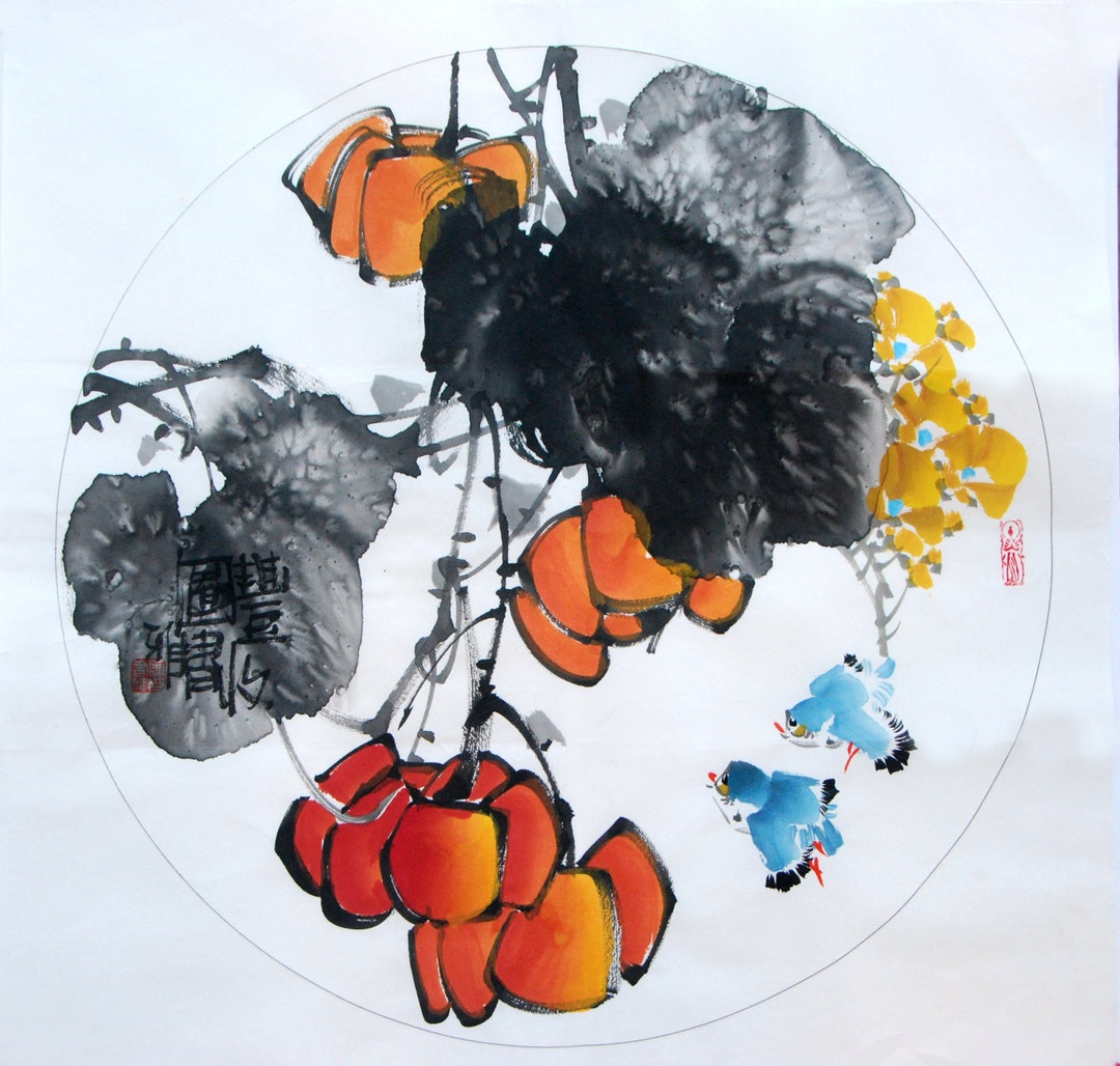 Original Chinese Water Ink Painting of Flowers and Fruits on Rice Paper ...