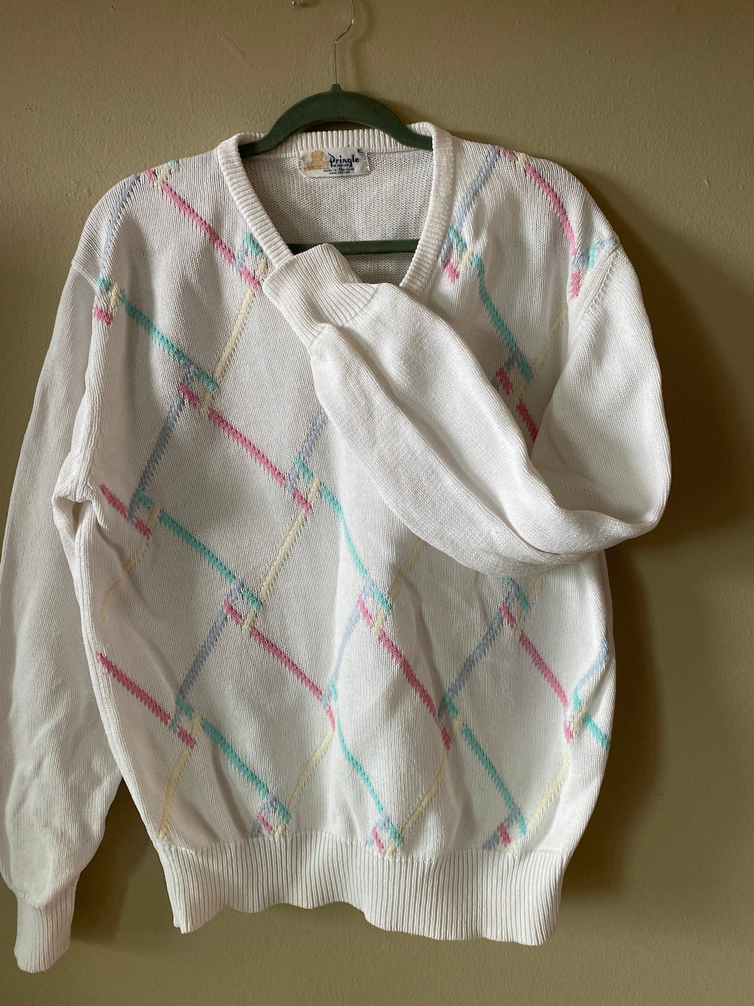 Cute Vintage Easter Grandma Sweater, White Knit Pastel Argyle Diamonds ...