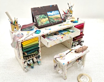 Dollhouse Paint Studio, Modern Miniature Art Studio Table, 1:12th Scale ...