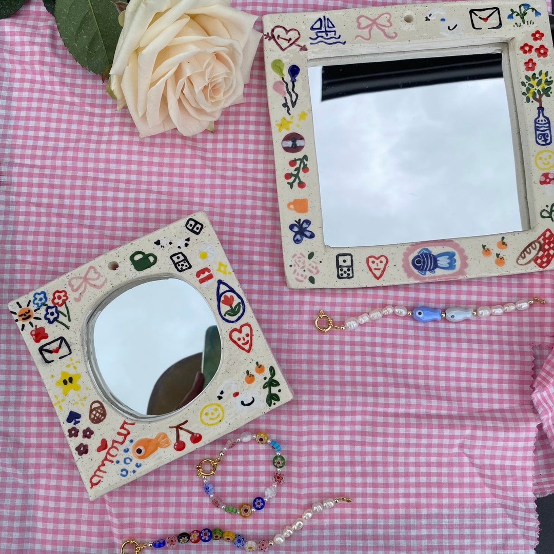 Ceramic Doodles Mirror, Funky Handmade Mirror,colorful Diy Clay Makeup ...