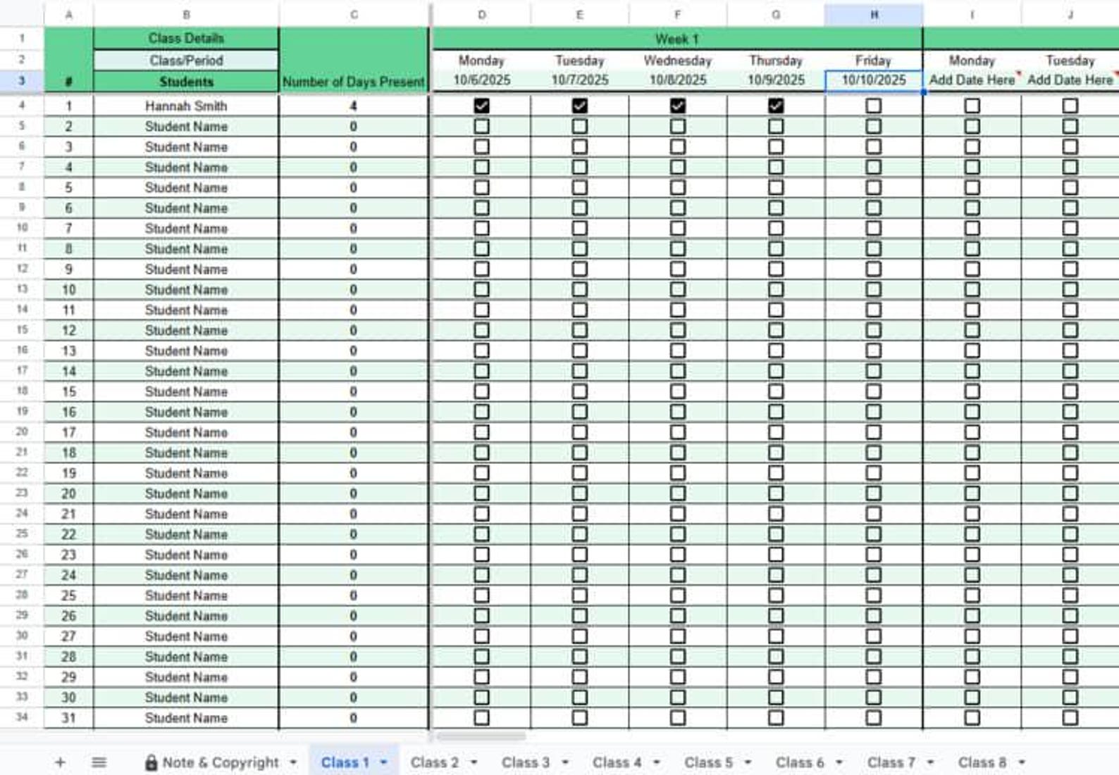 Attendance Tracker, Google Sheets Template, Editable Student Attendance ...