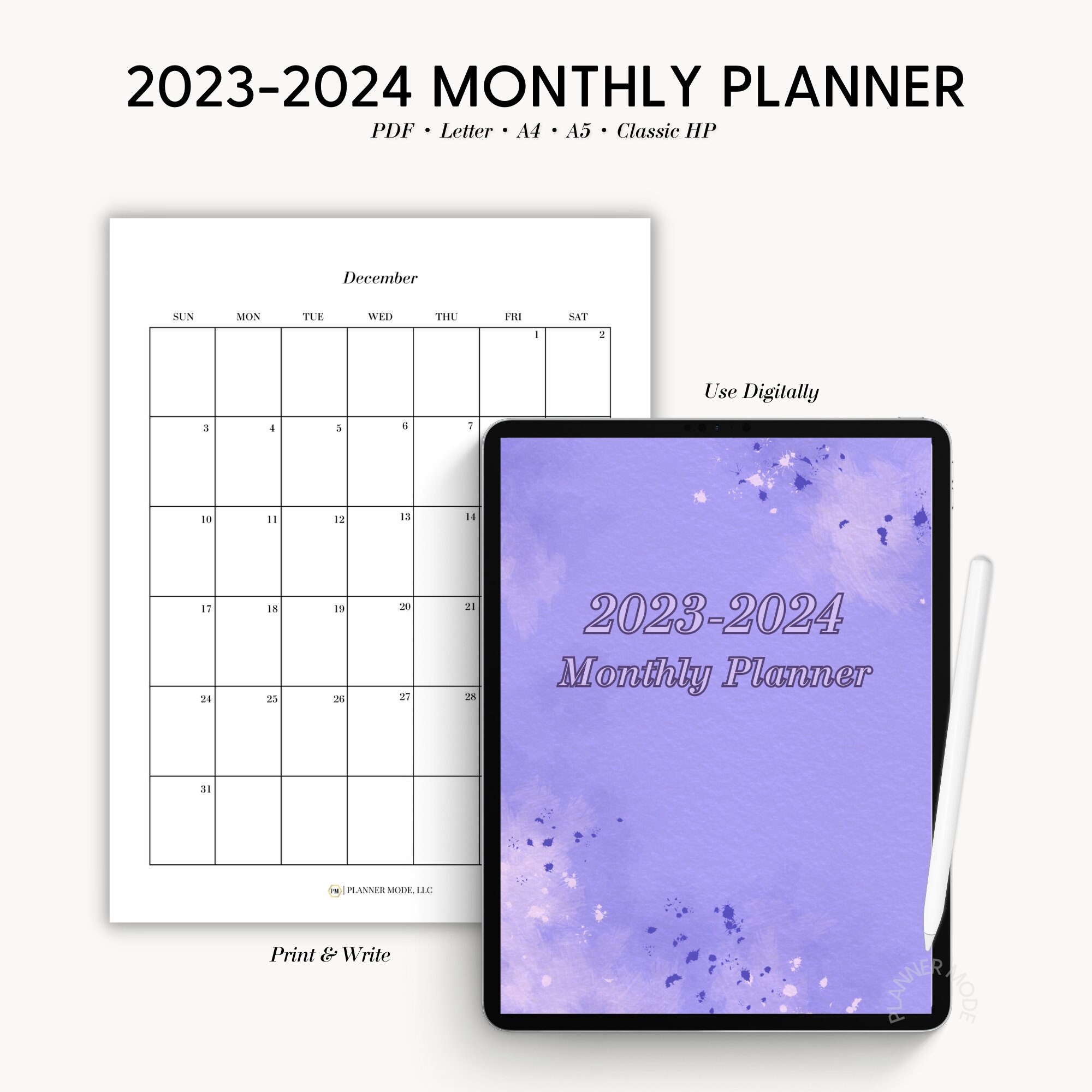 2023-2024 Monthly Calendar Printable Monthly Planner - Etsy