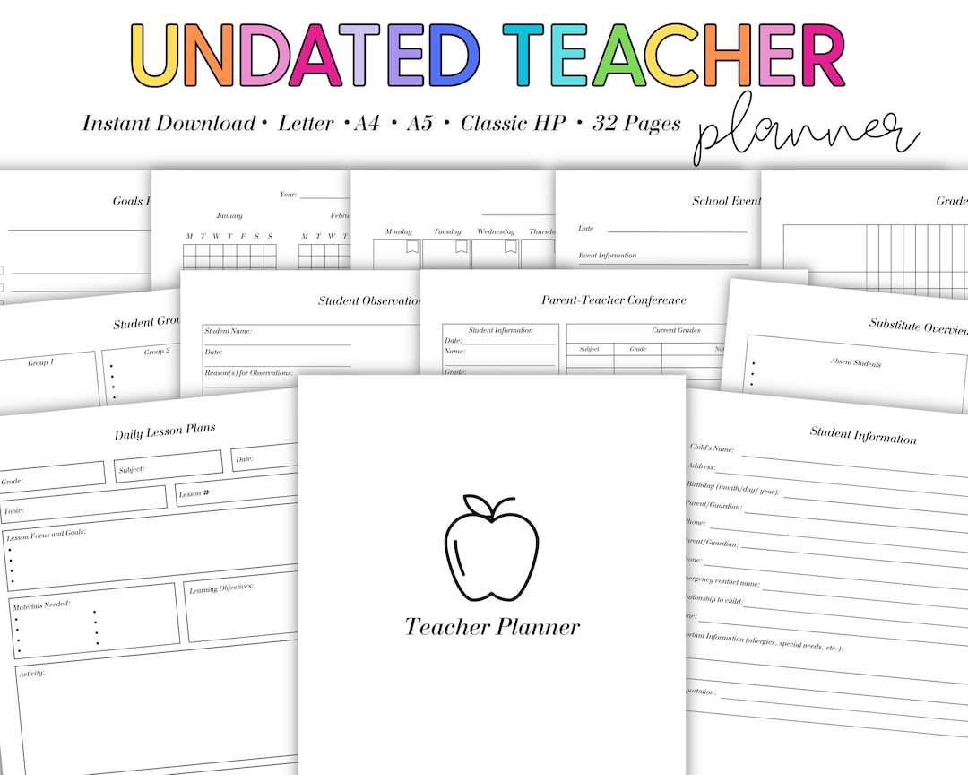 Undated Teacher Planner Printable, Lesson Plan Pages, Grade Tracker ...