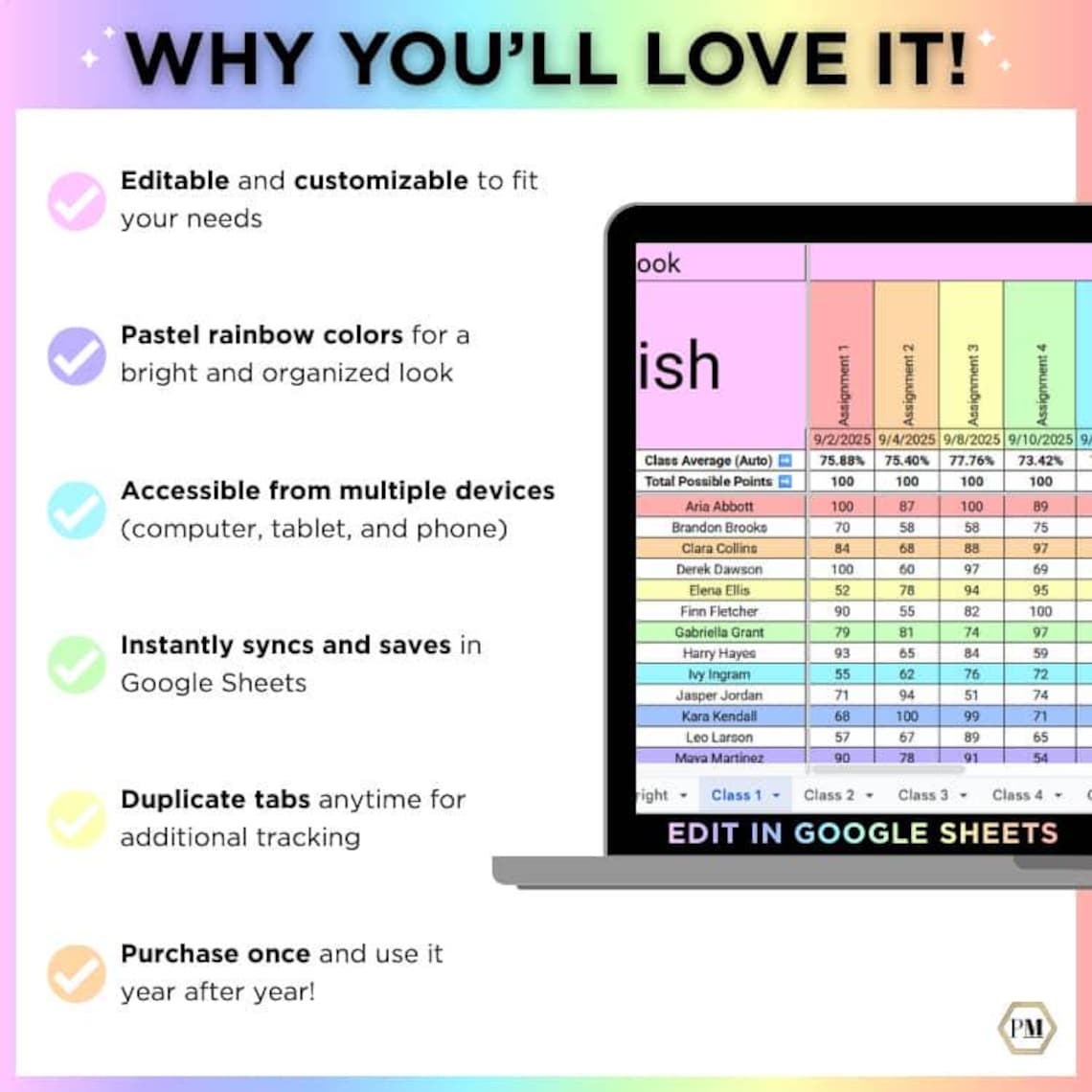 Digital Gradebook, Google Sheets Template, Editable Teacher Grade Book ...