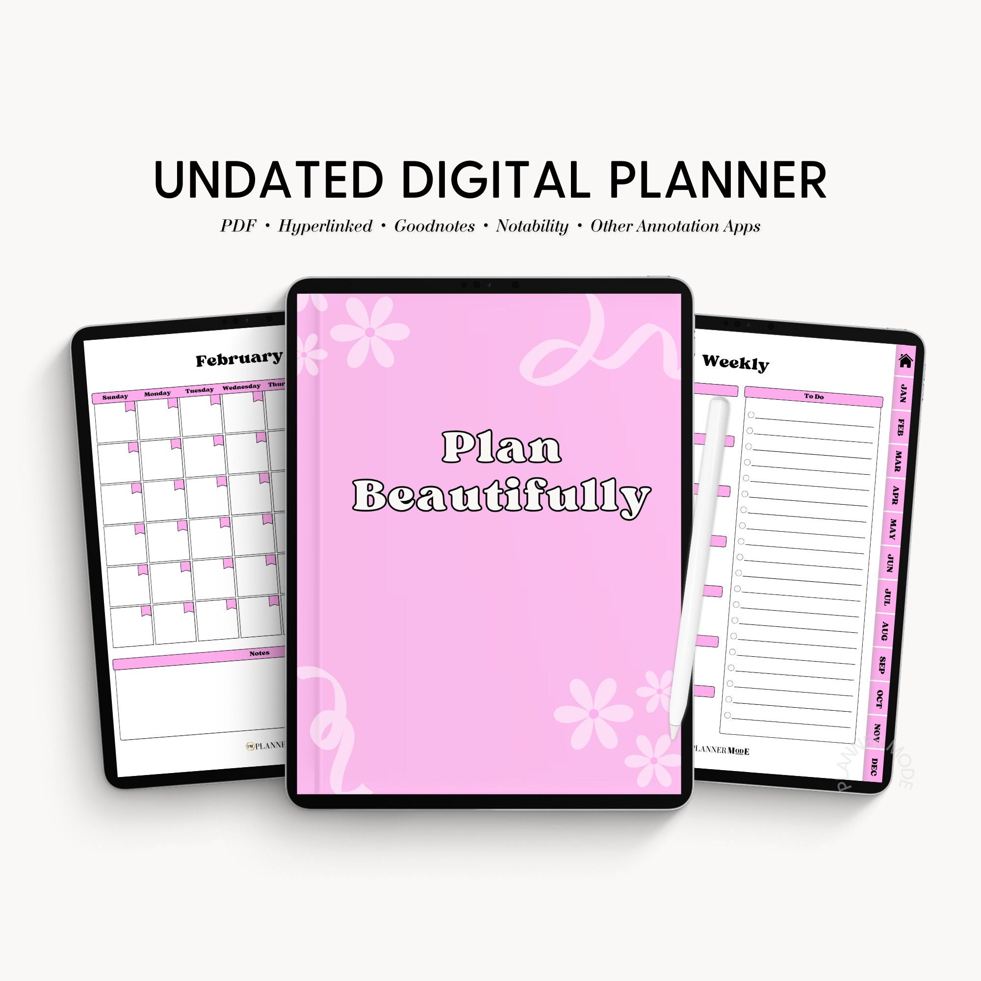 Pink Digital Planner Template, Undated Digital Planner, Goodnotes