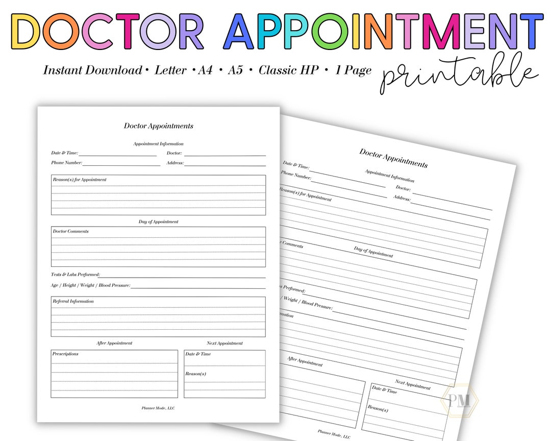 Doctor Appointment Tracker: Medical Visit Planner (digital Download) - Etsy