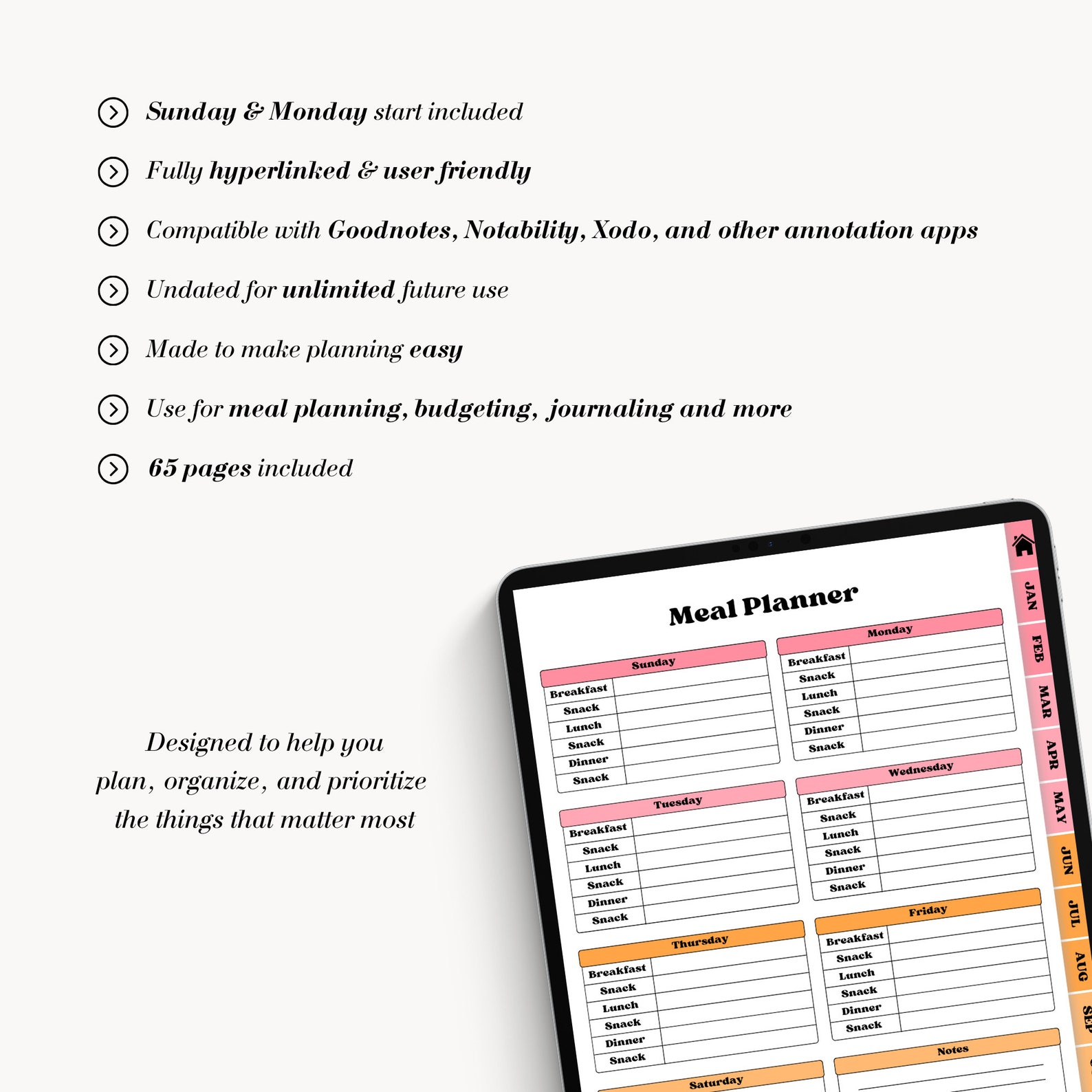 Hyperlinked Digital Planner, Monthly Digital Planner, Undated Digital ...