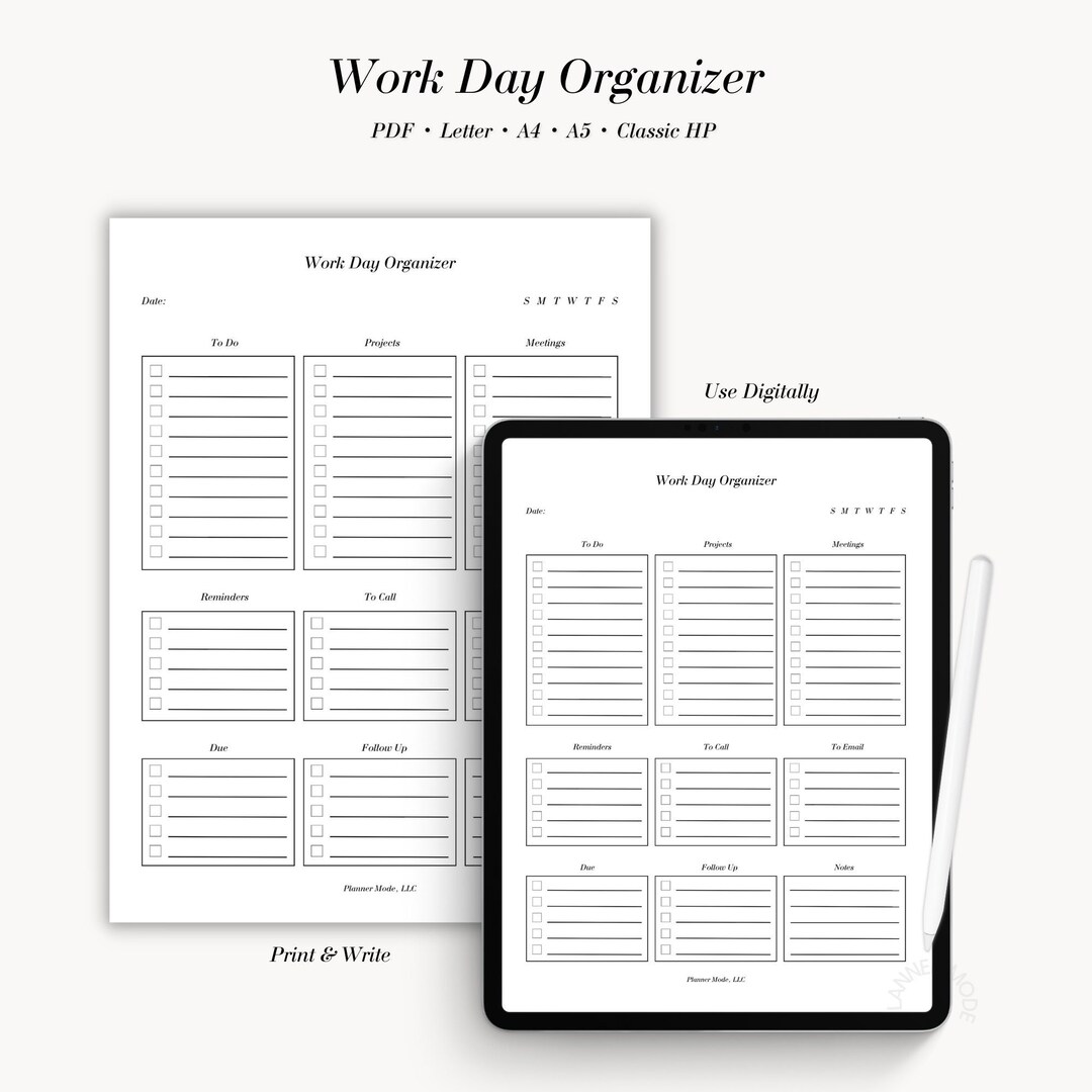 Work Day Organizer Printable | Daily Work Planner PDF | Task List ...