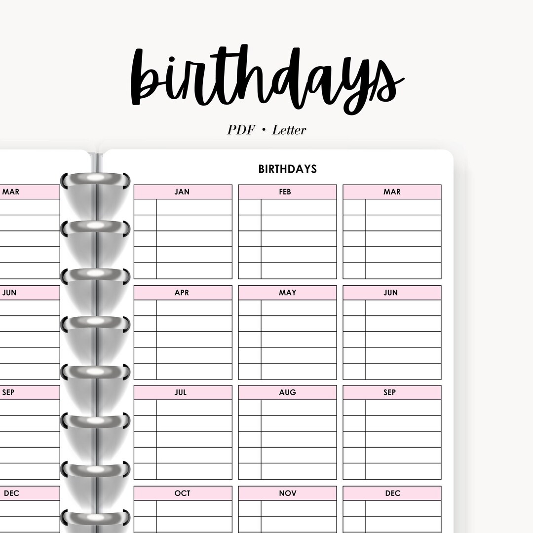 Birthday Tracker Printable | Birthday Reminder Log | Monthly Birthday ...