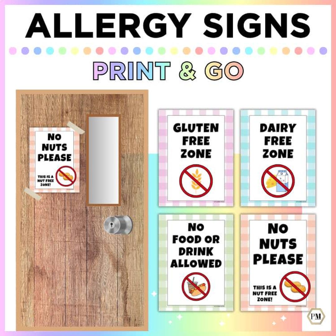 Allergy Signs, Nut Free Sign, Dairy Free Zone, No Food or Drink, Gluten ...