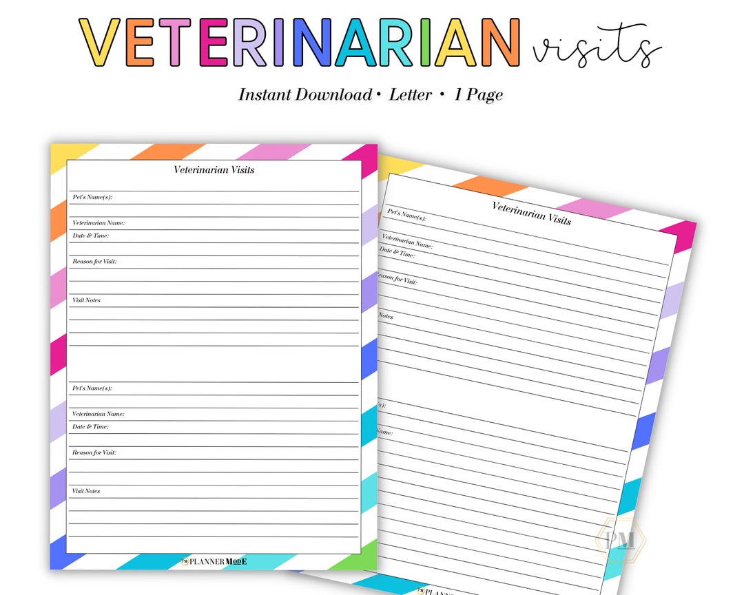 Veterinarian Visits, Printable Pet Visit Log, Vet Appointments, Pet ...