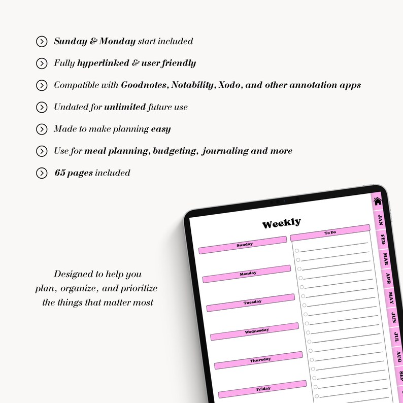 Pink Digital Planner Template: Undated, Hyperlinked (digital Download ...