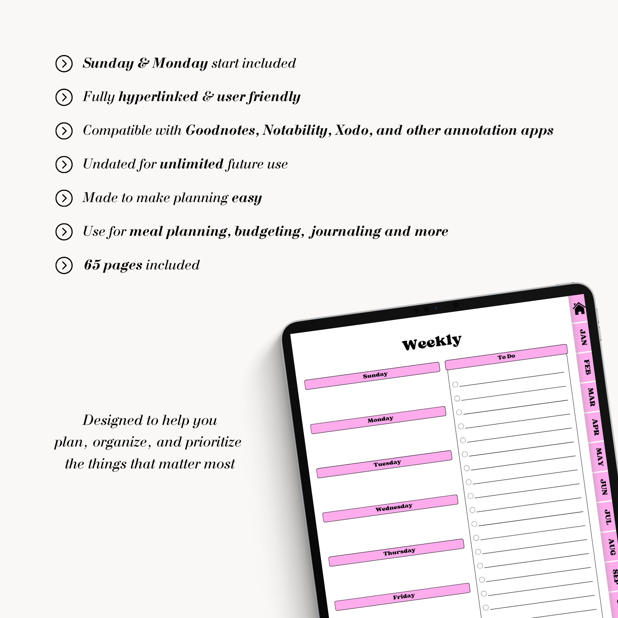 Pink Digital Planner Template: Undated, Hyperlinked (digital Download ...