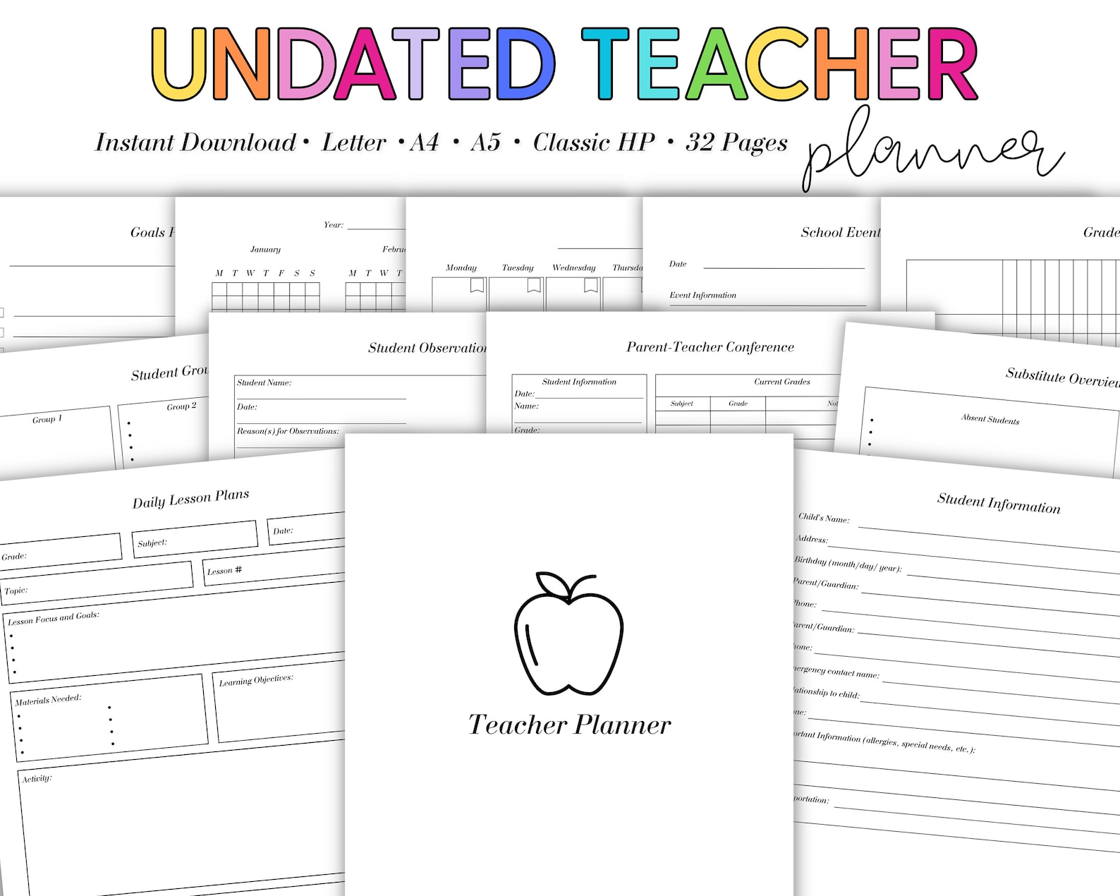 Teacher Planner Printable, Teacher Gradebook, Undated Teacher Planner ...