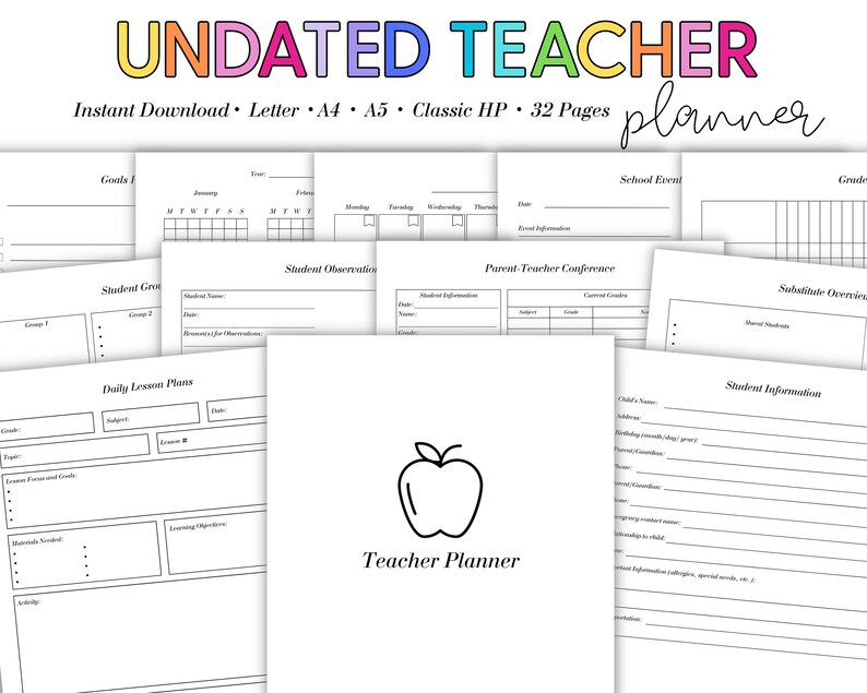 Teacher Planner Printable, Teacher Gradebook, Undated Teacher Planner ...