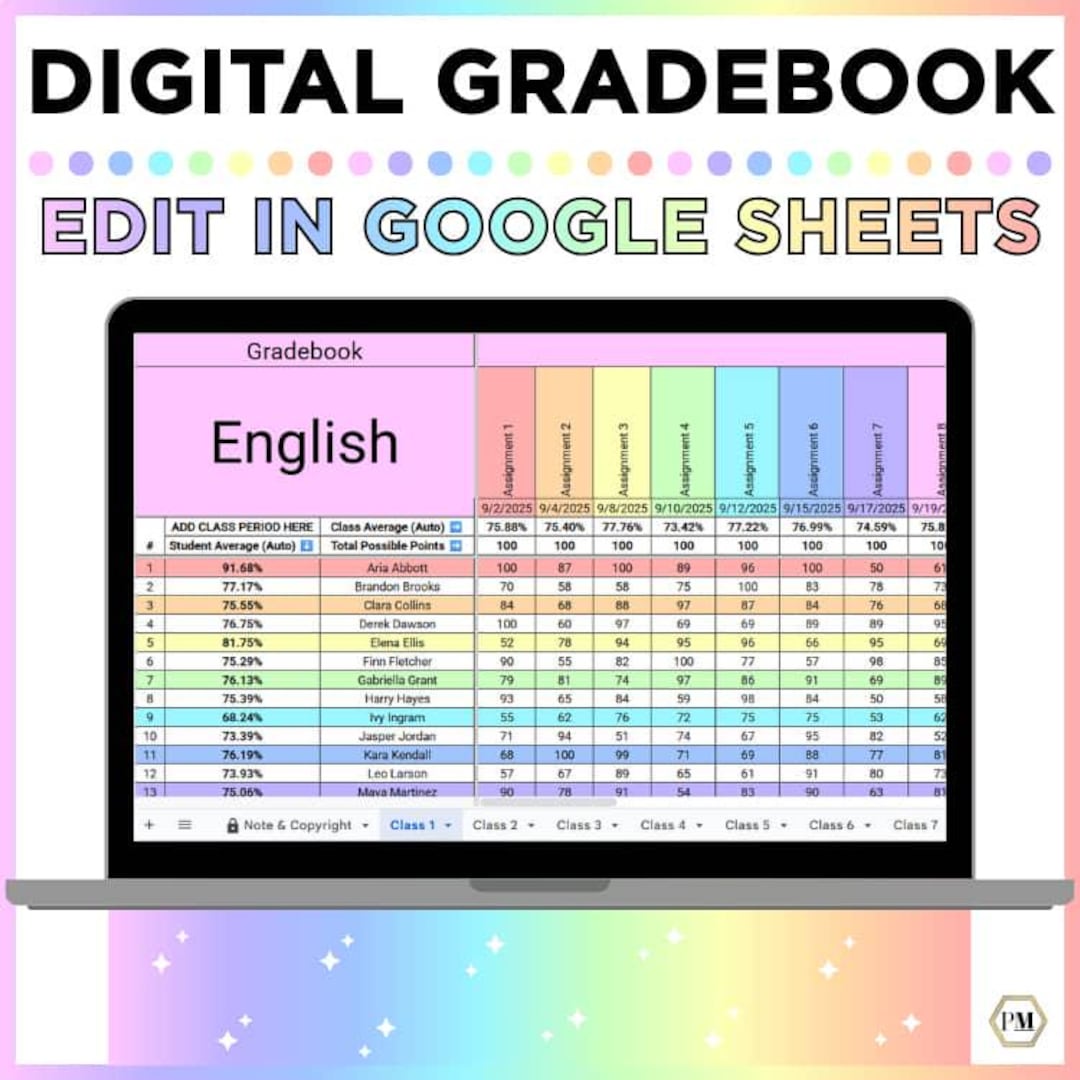 Digital Gradebook, Google Sheets Template, Editable Teacher Grade Book ...