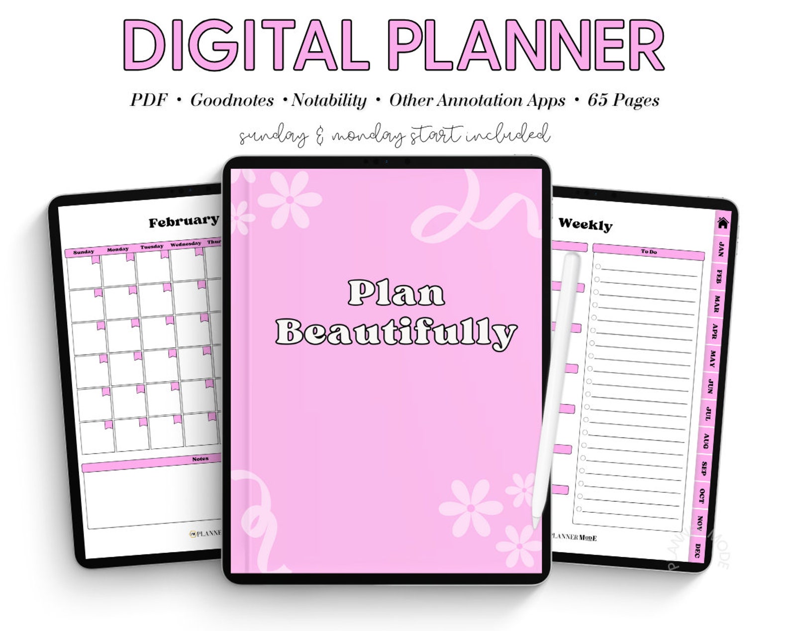 Pink Digital Planner Template, Undated Digital Planner, Goodnotes ...