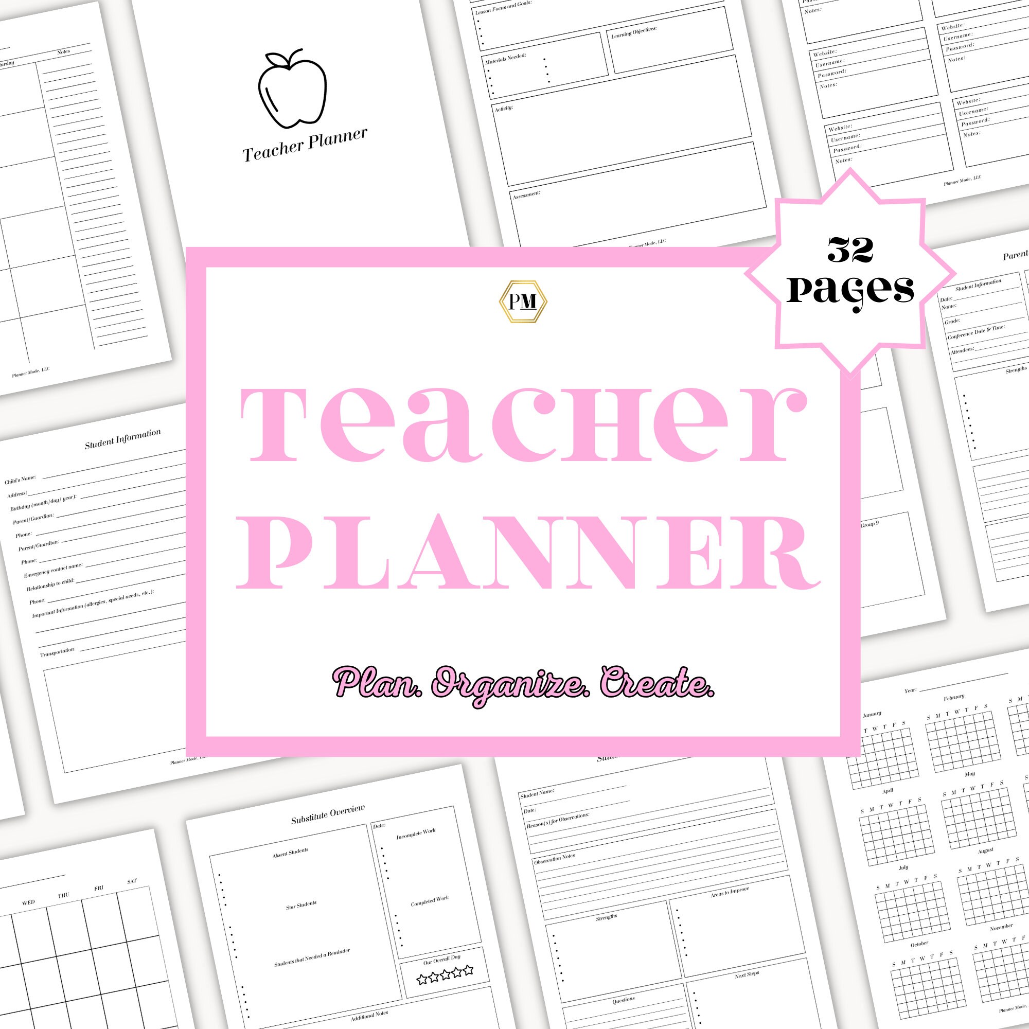 Teacher Planner Printable, Teacher Gradebook, Undated Teacher Planner ...
