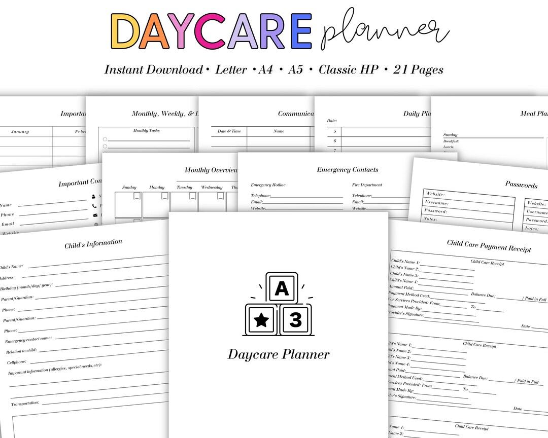 Daycare Planner: Child Care Forms, Business Organizer (digital Download ...